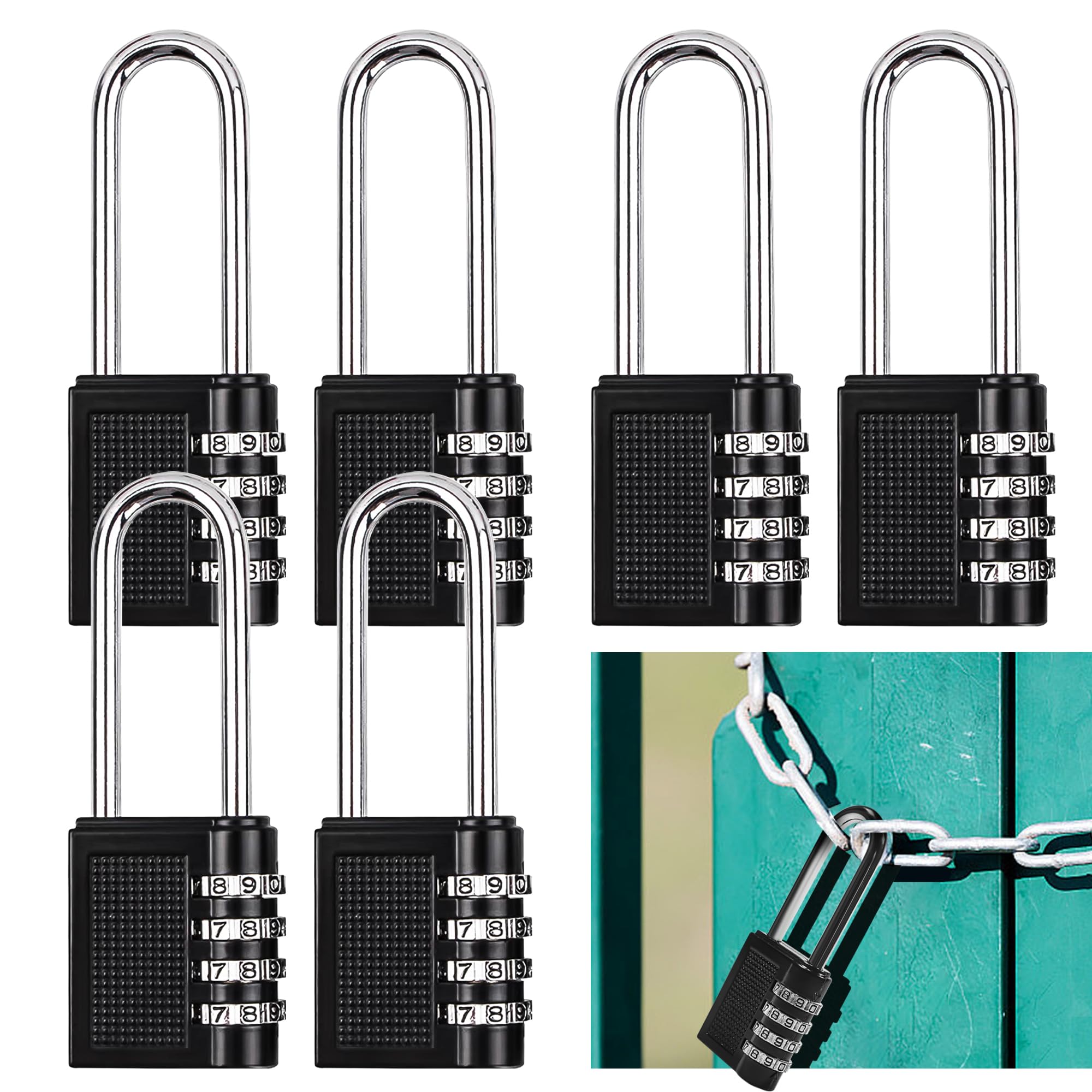 WeeGoo 6 Pack 4 Digit Code Long Shackle Combination Padlocks Heavy Duty ...