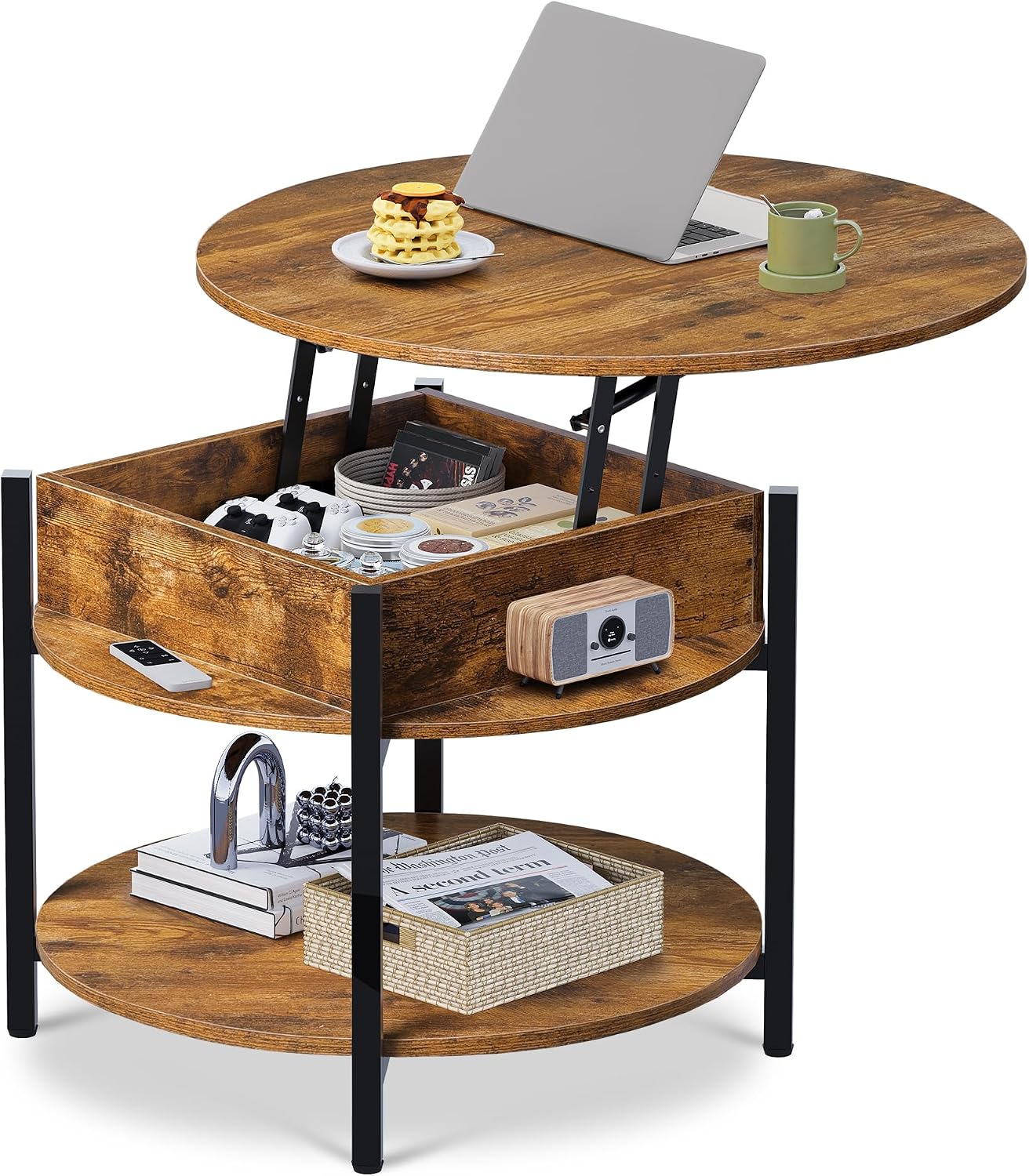 WLIVE Round Coffee Table, Lift Up Coffee Tables with Storage & Hidden ...