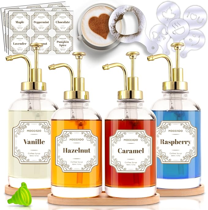 Amazon.com: Moccado Coffee Syrup Dispenser with Pump Set of 4 - Syrup ...
