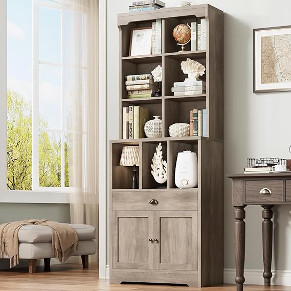 Amazon.com: Keyluv 80” Tall Bookcase with Drawer and Doors, Grey ...