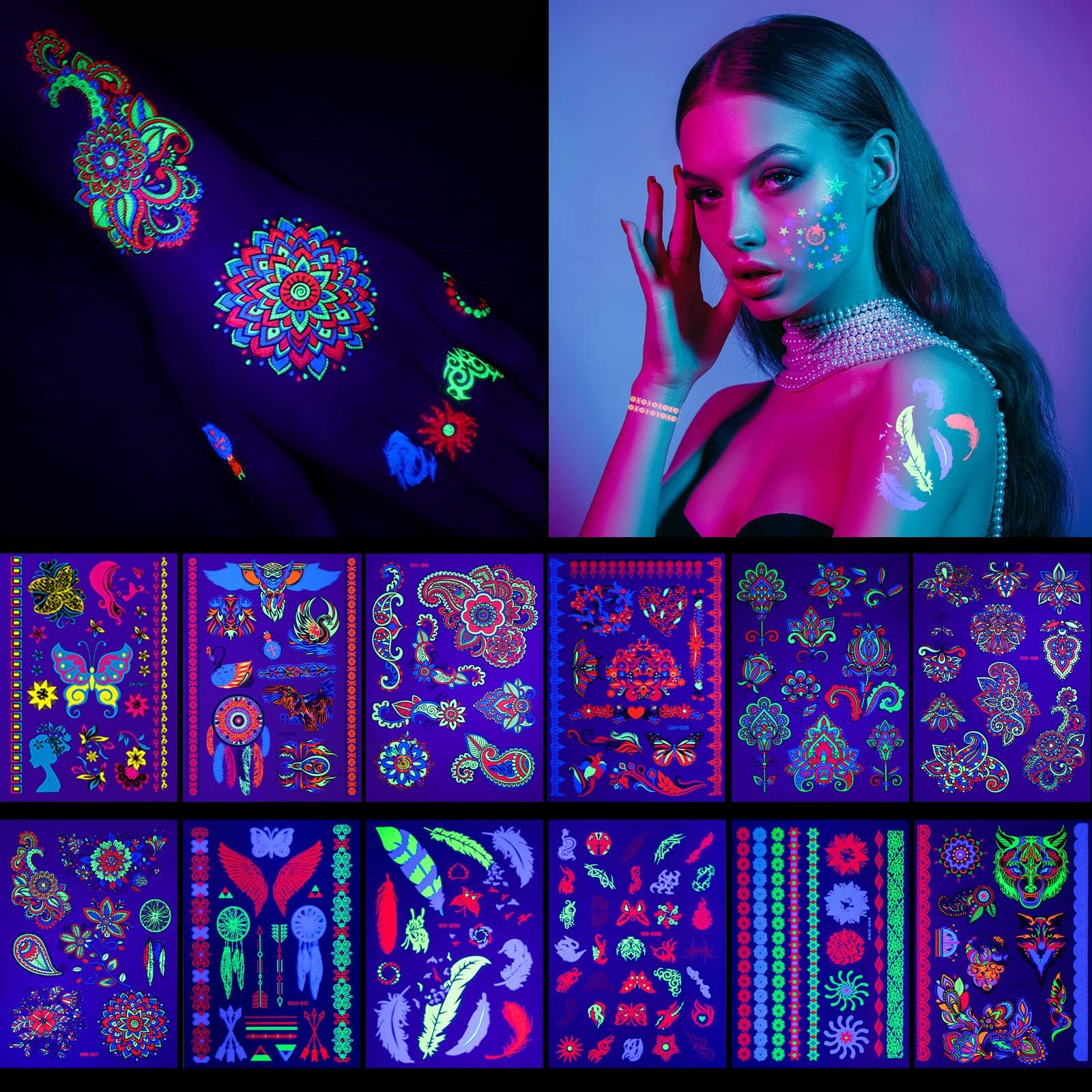 Amazon.com : Neon Temporary Tattoos Glow In The UV Neon Tattoos Stickers 61 Glitter Styles ...