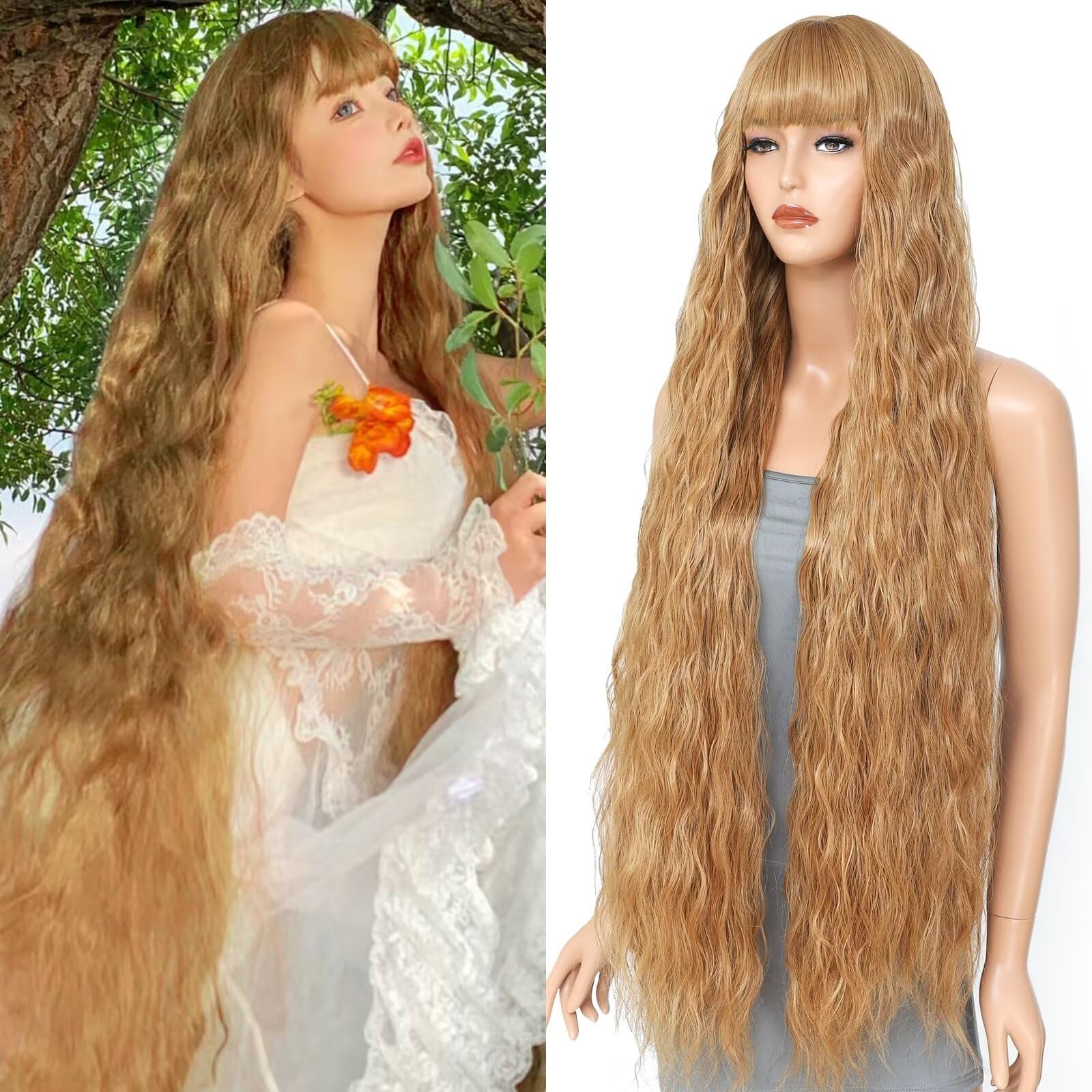 Amazon.com : Aliesencia Long Wavy Wig with Bangs for Women 40 Inch Long ...