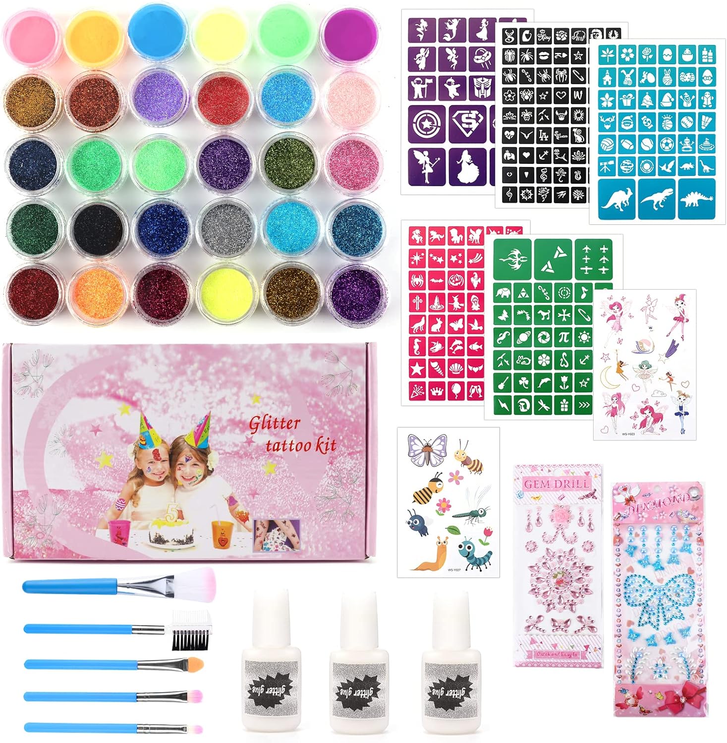 Brynnl Glitter Tattoos Kit, Temporary Tattoo Set for Kids 30 Colors ...