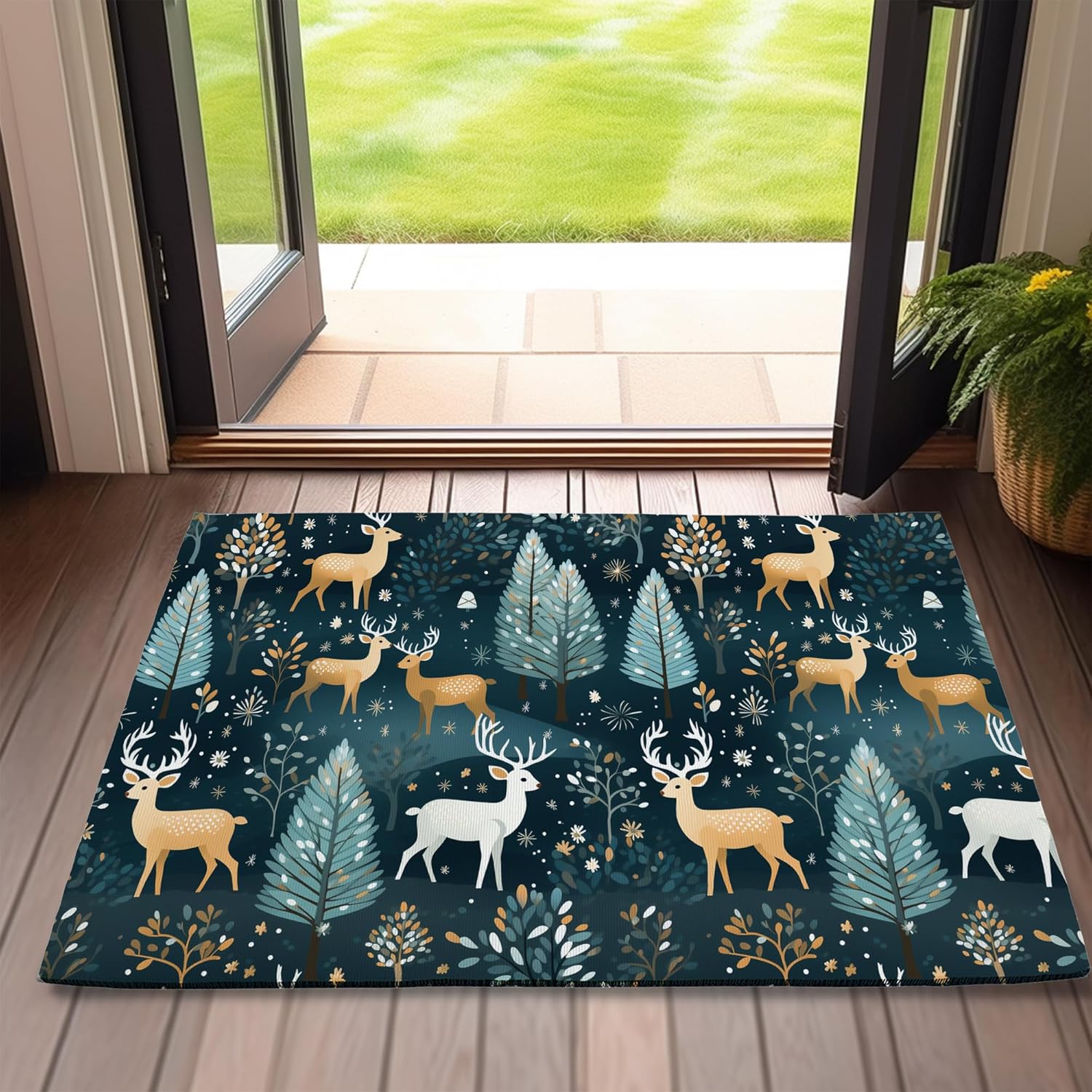 Amazon.com: Christmas Deer Welcome Door Mat,Forest Trees Doormat for ...