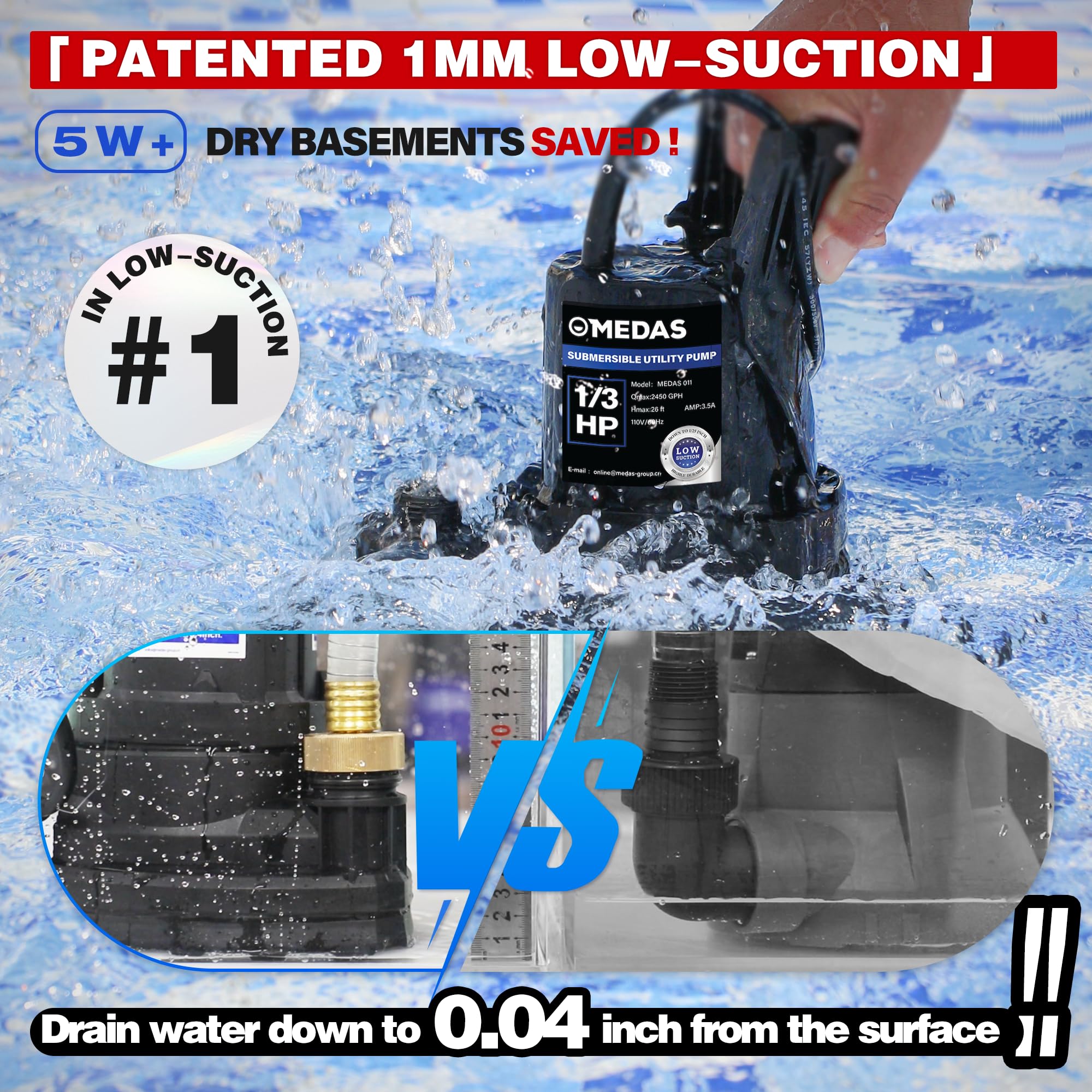 Snapklik.com : MEDAS Ultra Low Suction Sump Pump 1/3 HP 2450 GPH ...