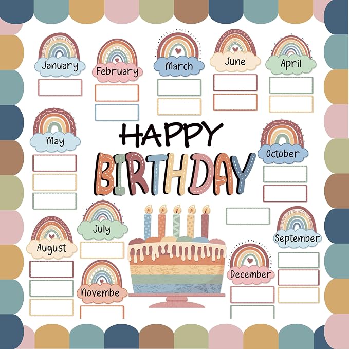 Amazon.com : Boho Rainbow Classroom Birthday Chart with 33 FT Border ...
