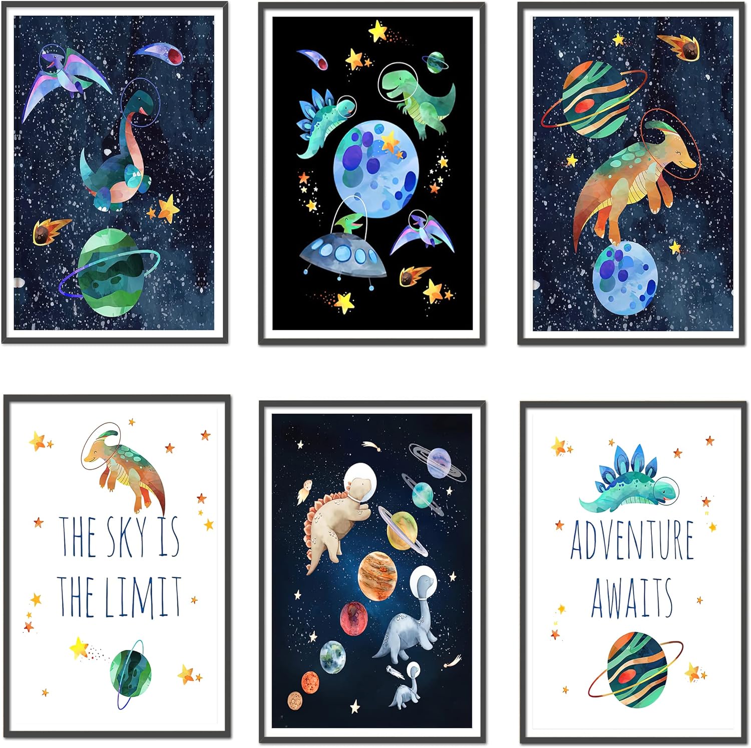 Amazon.com: URROA Set of 6 Space Dinosaur Astronauts Printable Wall Art ...