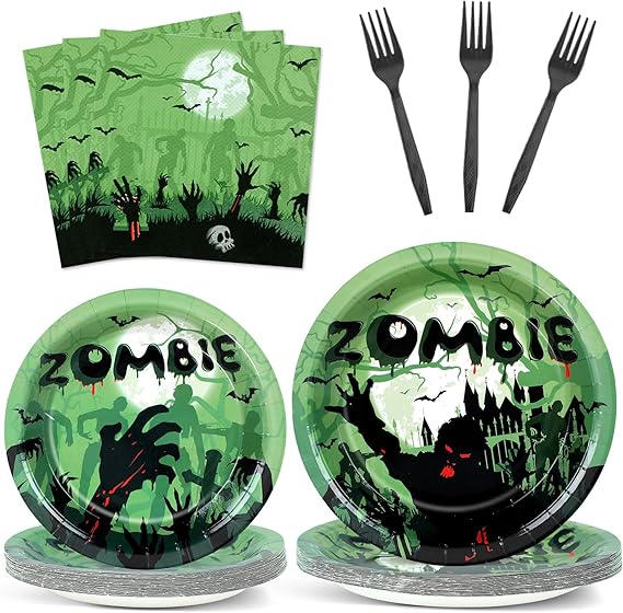 Amazon.com: 96 Pcs Zombie Halloween Party Plates Napkins Tableware Set ...