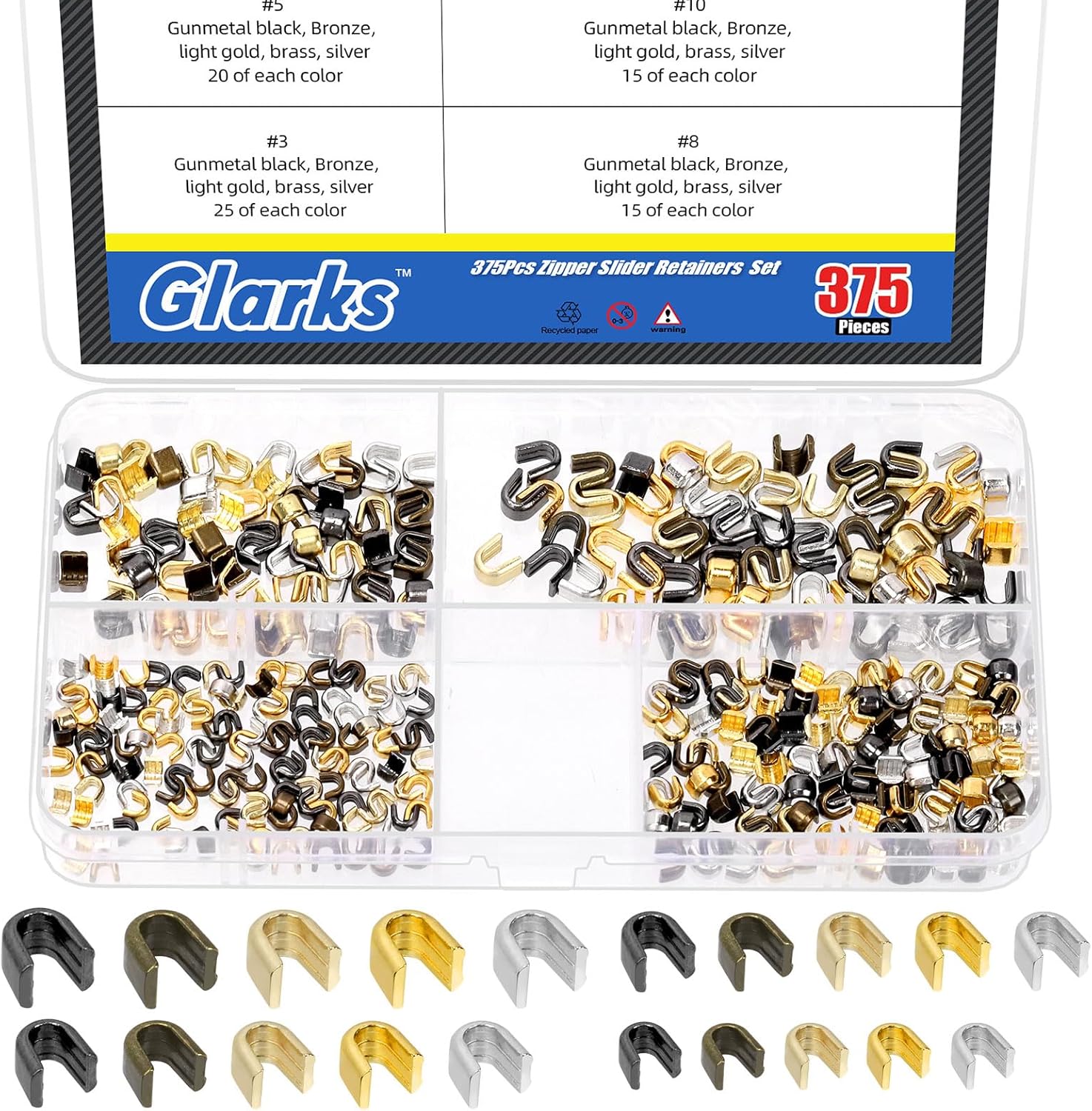 Amazon.com: Glarks 375pcs #3/#5/#8/#10 U Shape Zipper Top Stoppers Kit ...