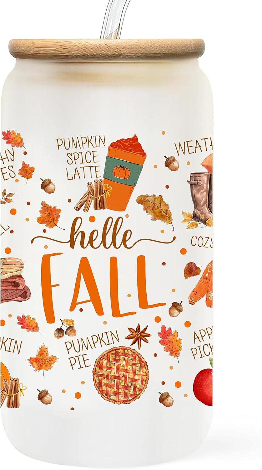 Amazon.com: Hello Fall Pumpkin Coffee Cup, Fall Iced Coffee Glass Cup ...
