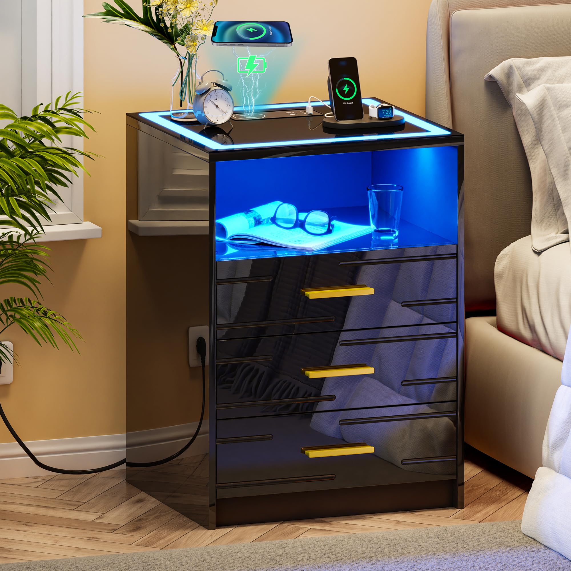 Gurexl LED Bedside Table with Wireless Charging Station, Bedroom ...