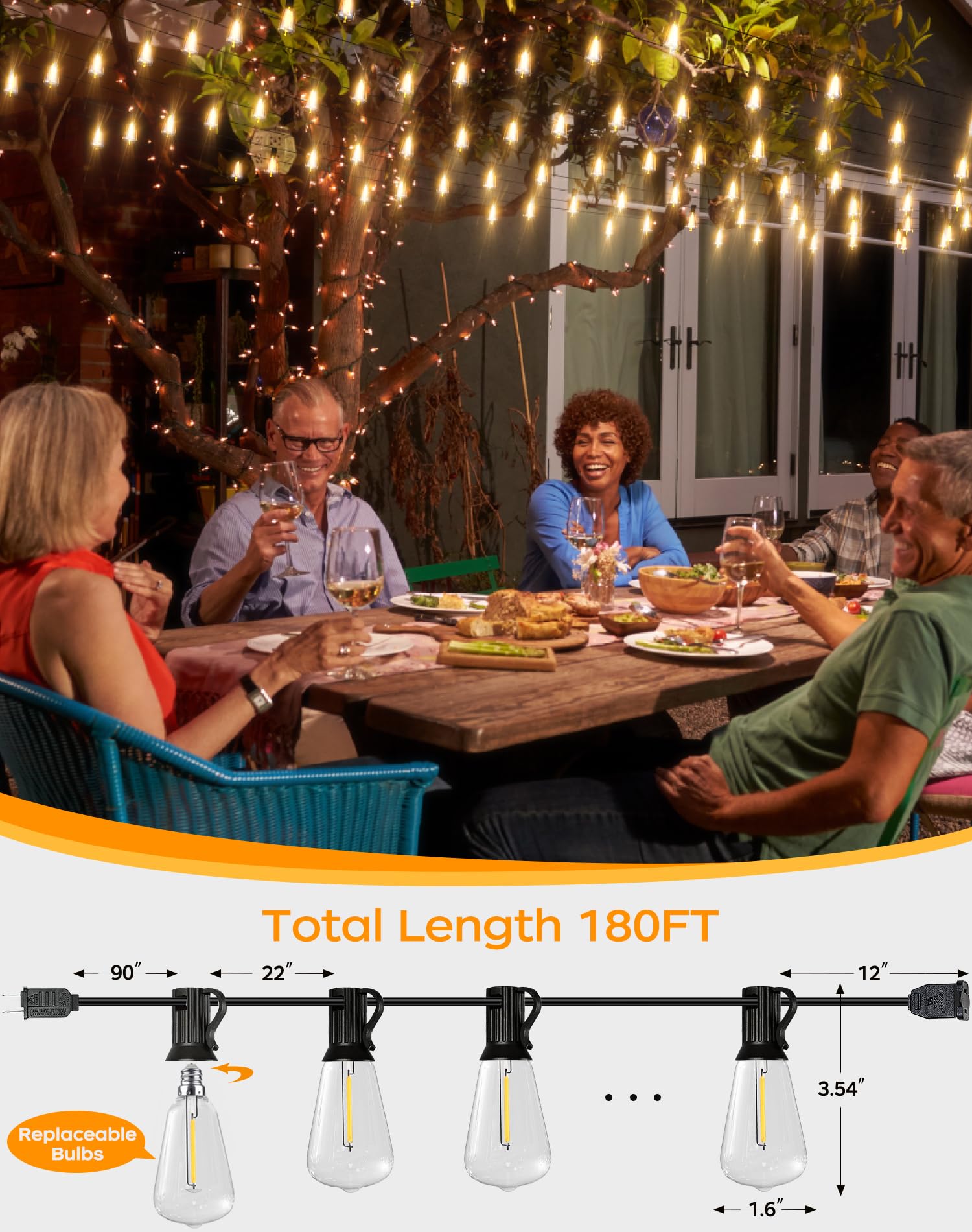 PARTPHONER LED Outdoor String Lights, 180FT Patio Lights with 96 ...