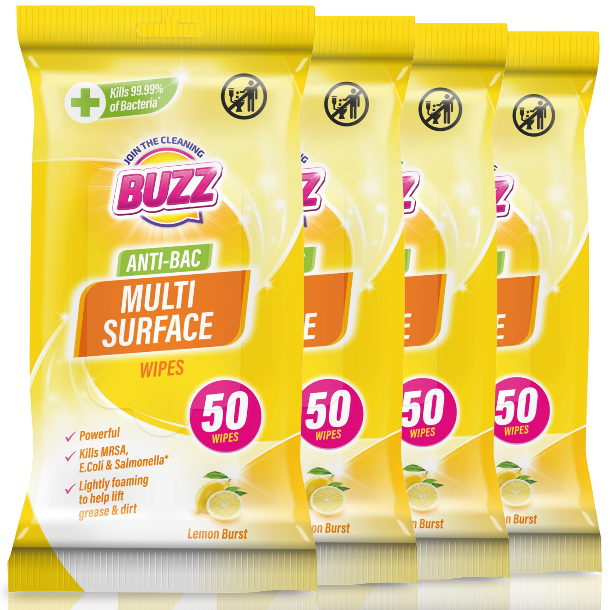 Buzz 200pk Anti-Bac Multisurface Wipes, 18cm x 19cm Lemon Scented ...