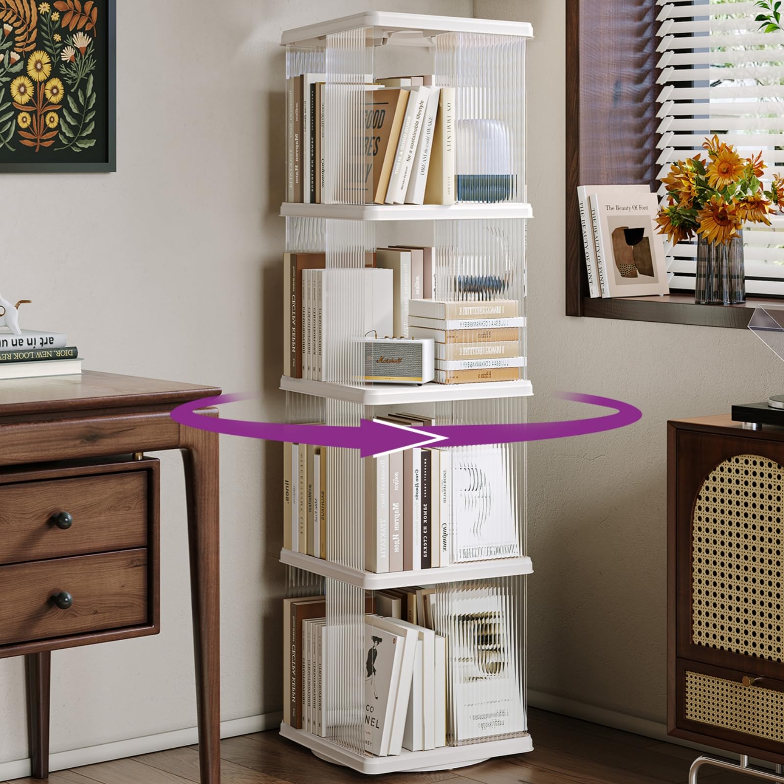 Zream 4 Tiers Rotating Bookshelf Storage Bookcase White Rotating ...