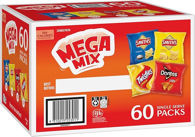 Smiths Potato Chips Mega Mix Value Pack (, Doritos, Twisties) 60 ...