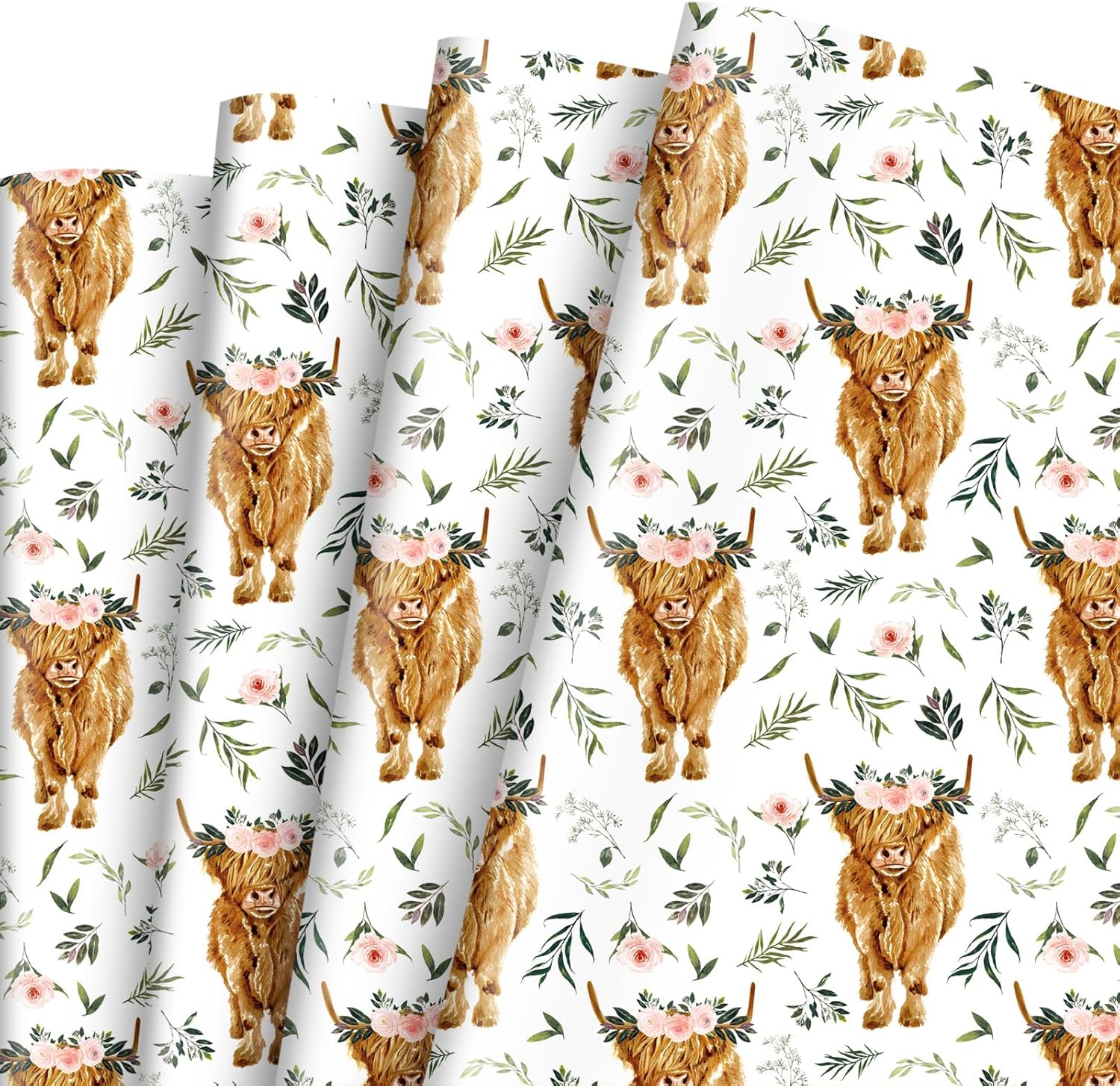 Amazon.com: Whaline 6 Sheet Watercolor Highland Cow Wrapping Paper -Not ...