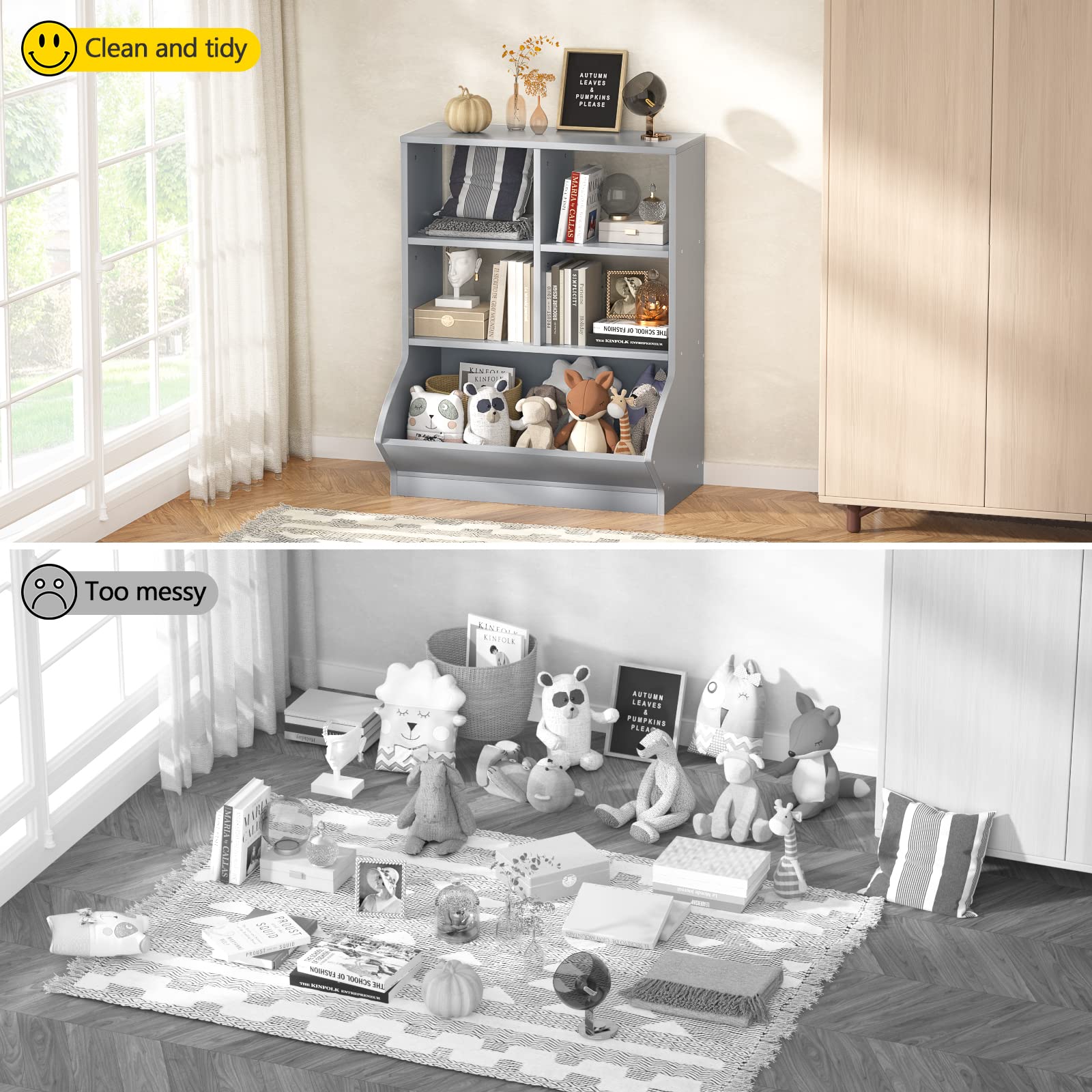 Aheaplus Toy Storage Organizer with Bookcase, 5 Cubby Bookshelf Toy ...