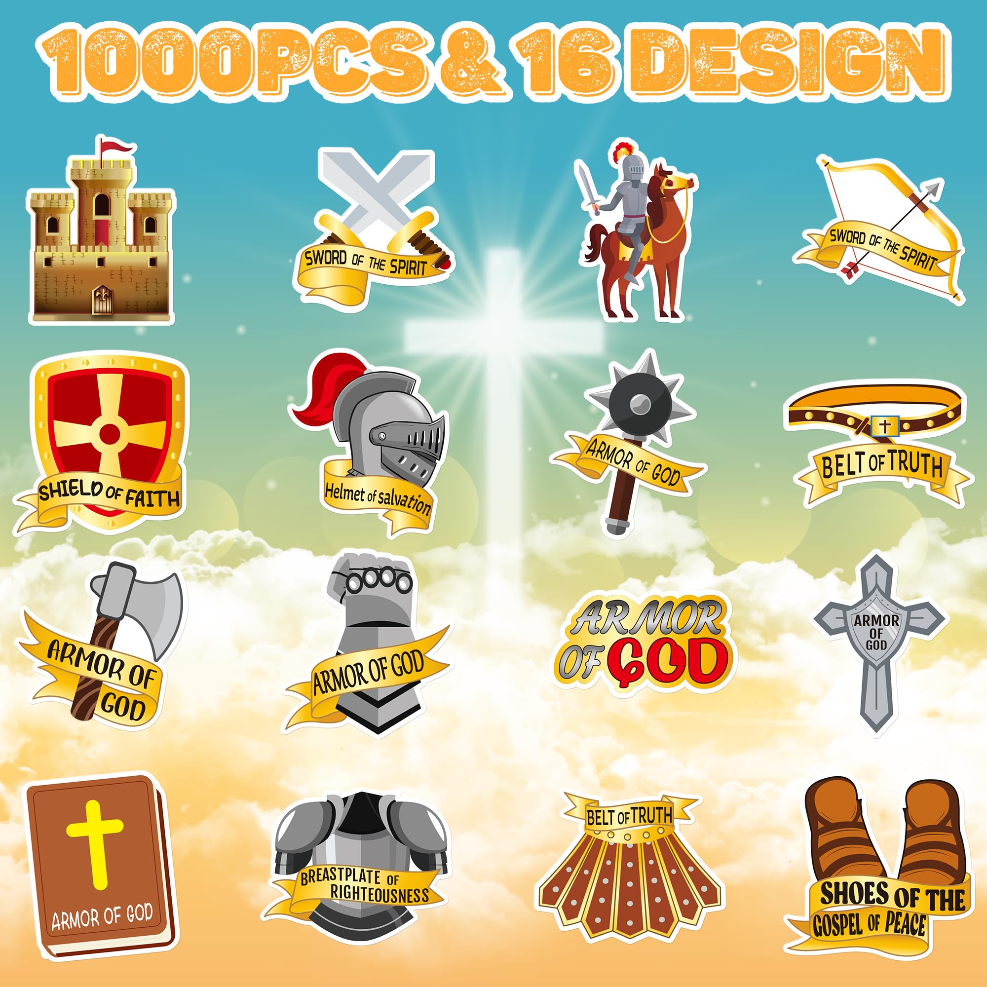 Snapklik.com : 1000pcs Armor Of God Sticker Rolls, 16 Designs Christian ...