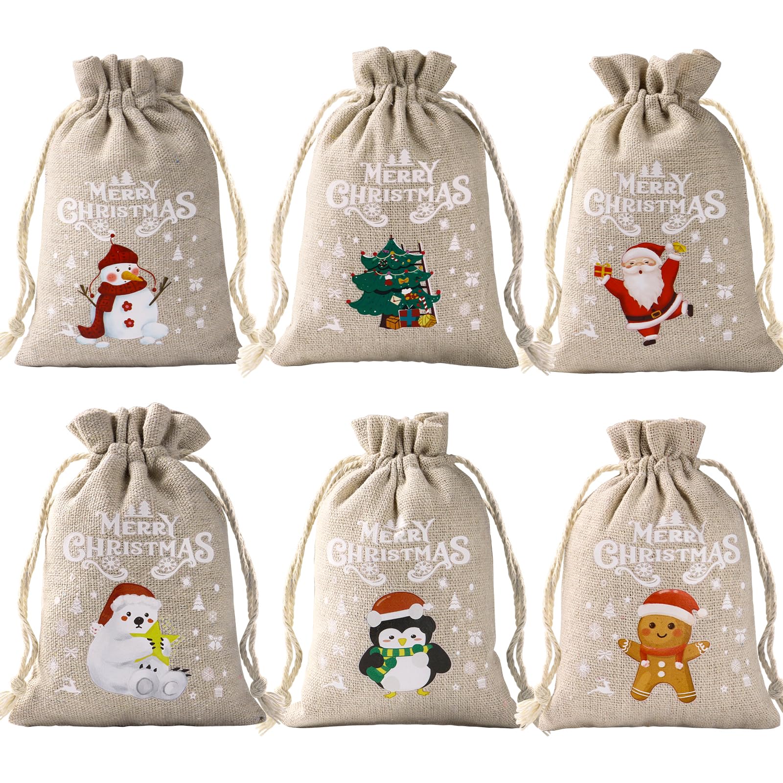 12 Packs Christmas Cotton Drawstring Gift Bags 6 Styles Merry Christmas ...