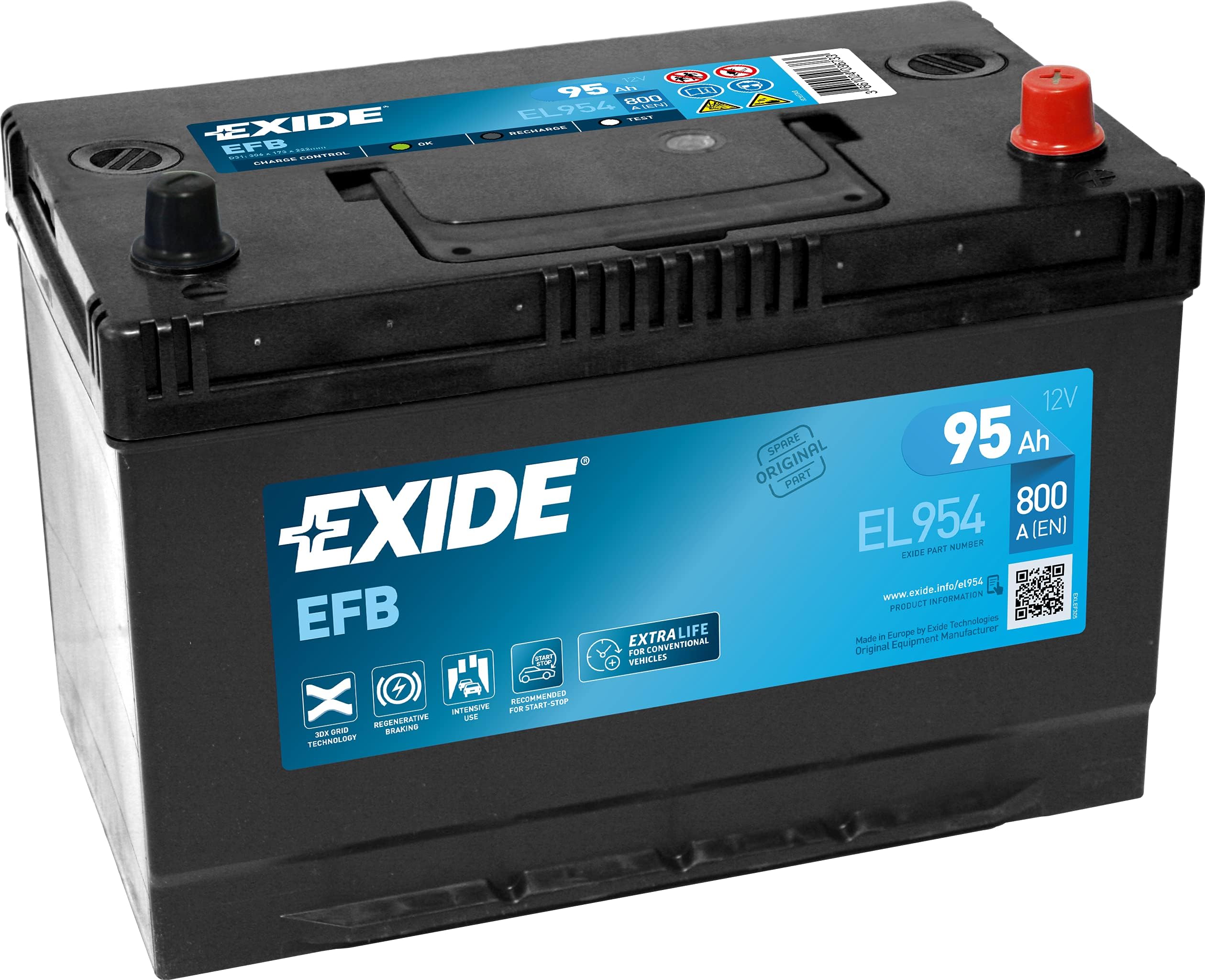 12V 60Ah 640CCA Exide EL600 Stop Start EFB Car Battery - 3 Years ...