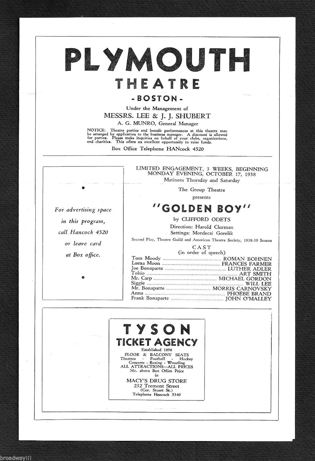 Clifford Odets "GOLDEN BOY" Luther Adler / Elia Kazan / Lee J. Cobb ...