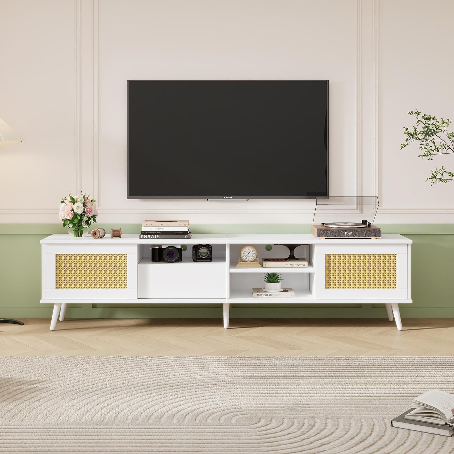 BTM TV Stand Cabinet, Rattan TV Stand, Wood TV Stand with 1 Drawer & 2 ...