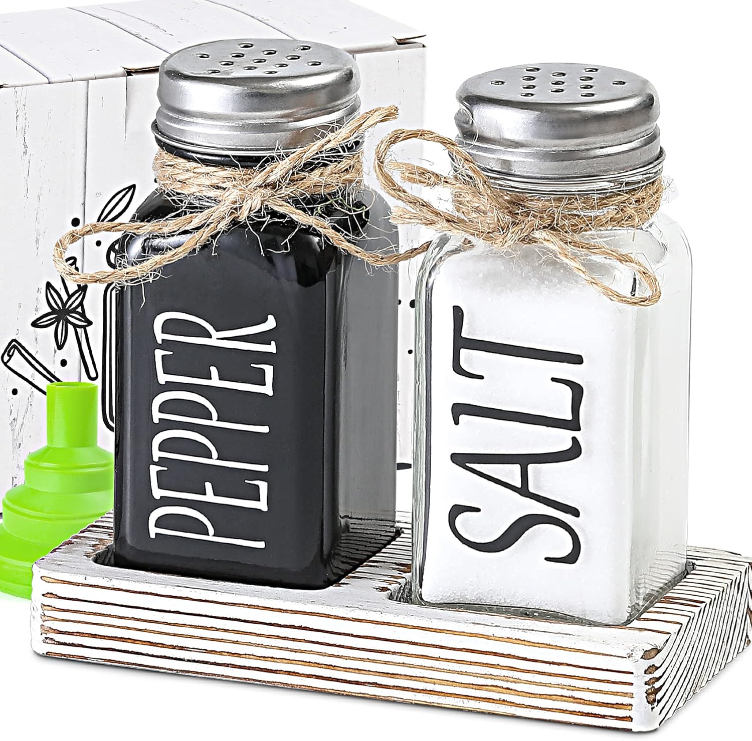 Amazon.com: Farmhouse Salt and Pepper Shakers Set with Wooden Standing ...