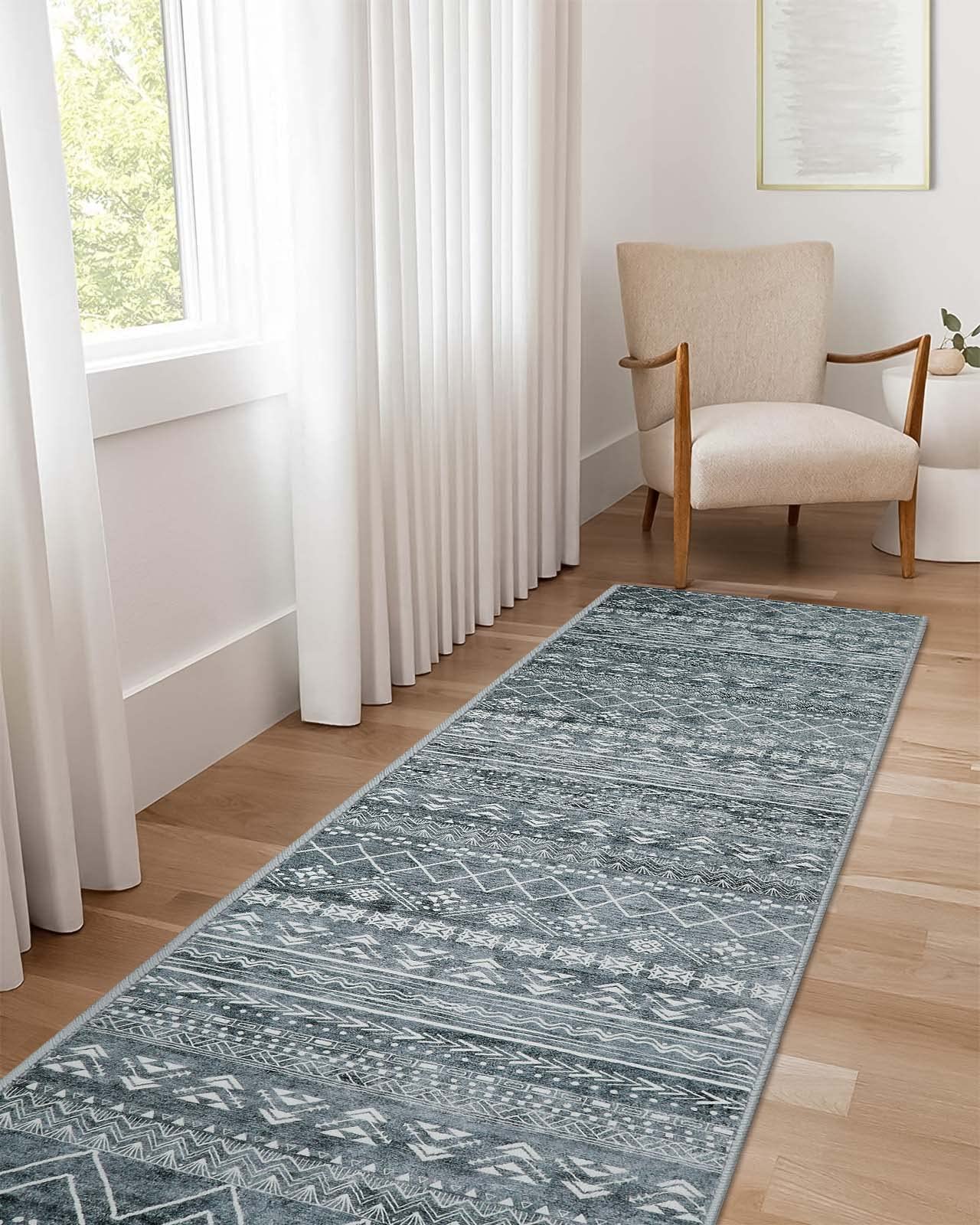 Boho Washable Kitchen Runner Rugs, Grey Geomatric Tribal Bathroom ...