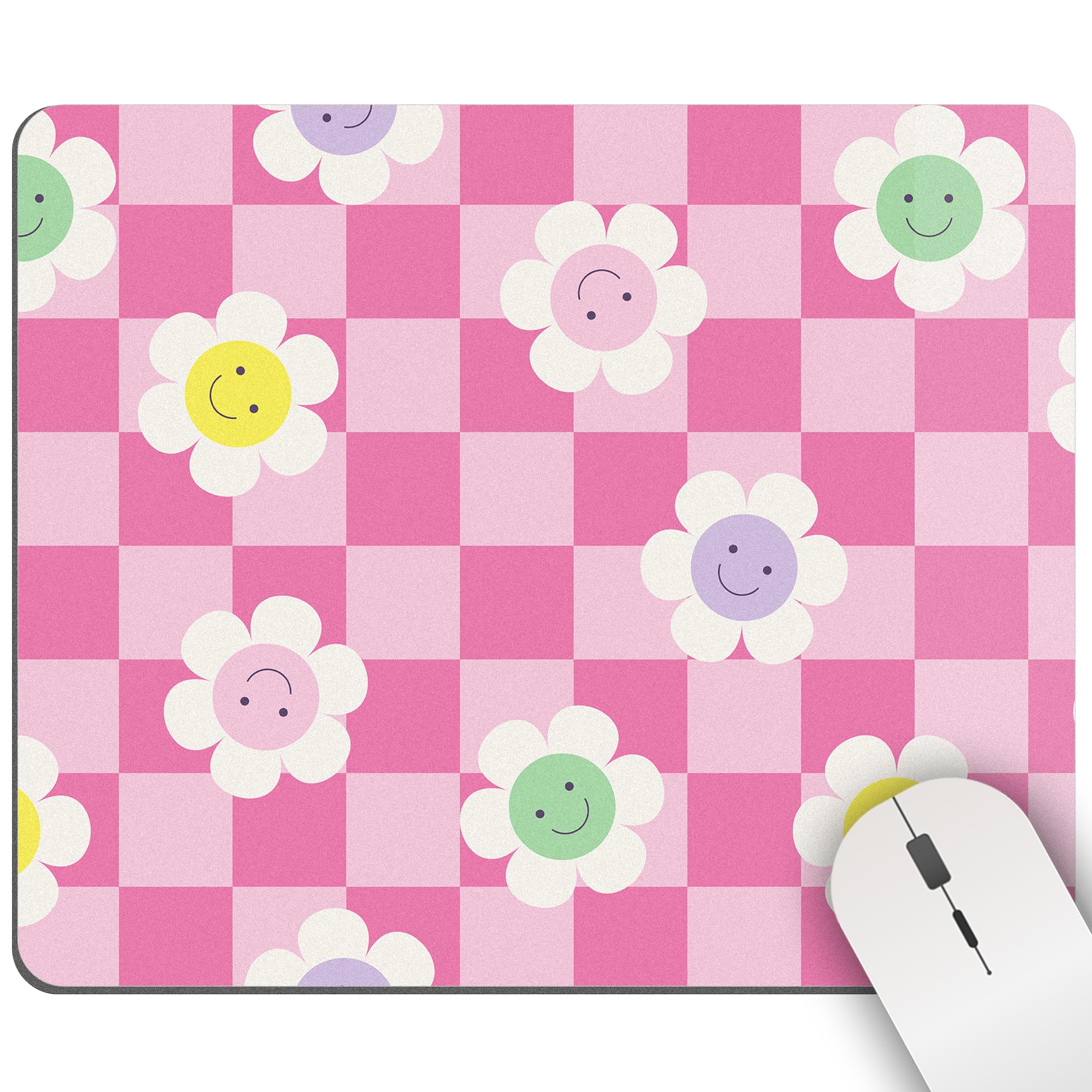 Amazon.com: Pink Checkered Mouse Pad Small, Smile Face with Daisy ...
