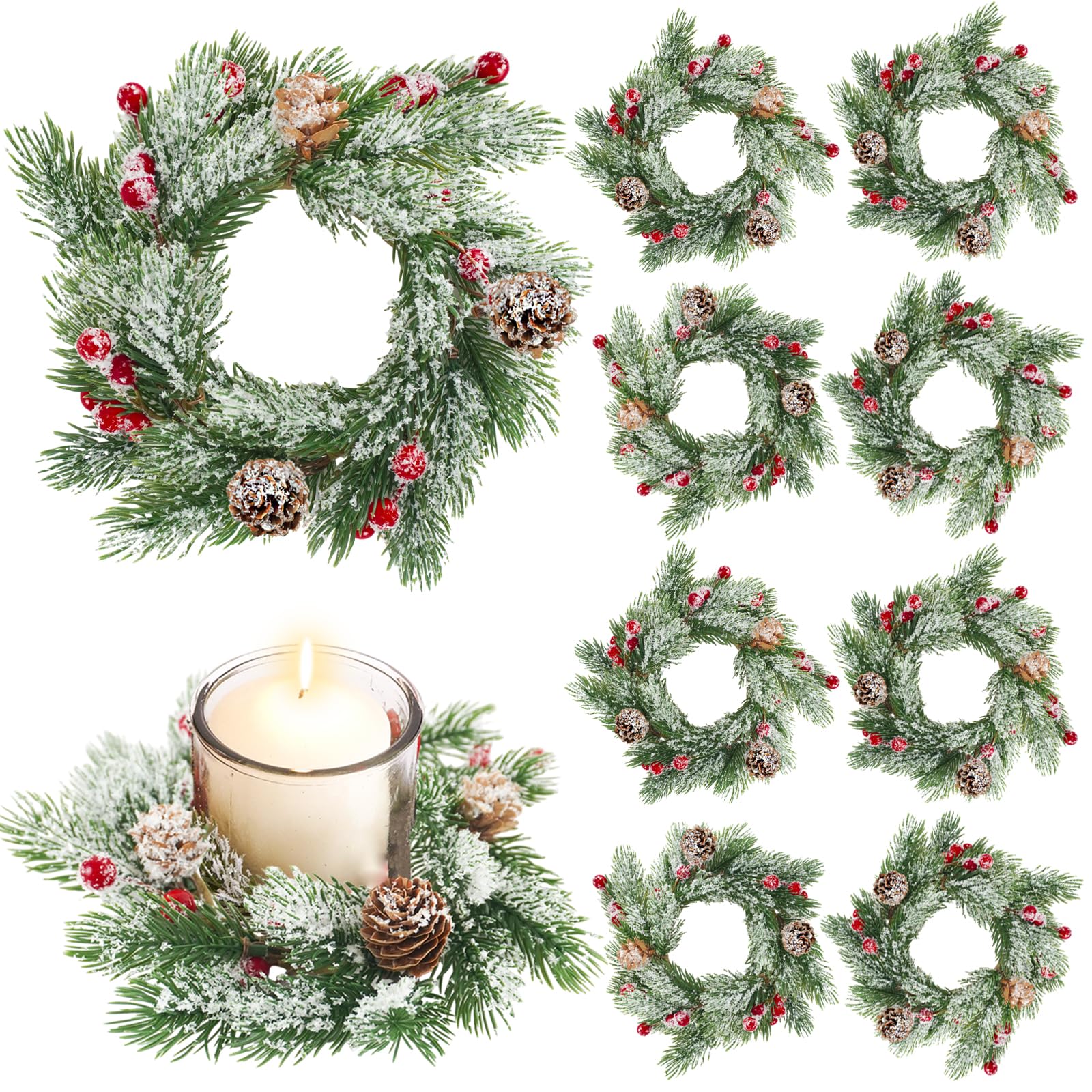 Amazon.com: Succwoah 8pcs Christmas Candle Rings Artificial Snowy Red ...