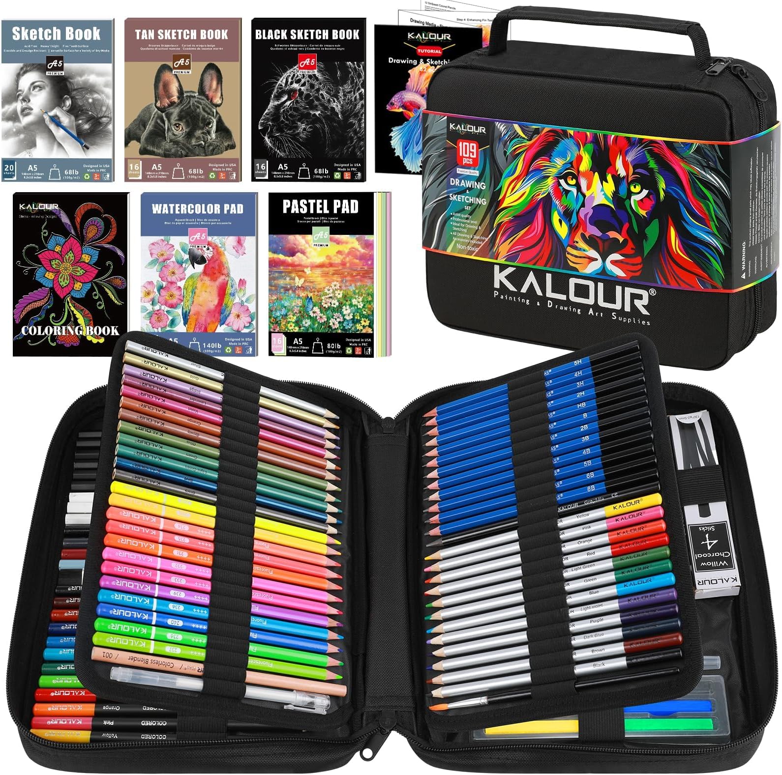 Amazon.com: 109 Drawing Set Sketching Kit, Pro Art Supplies with ...