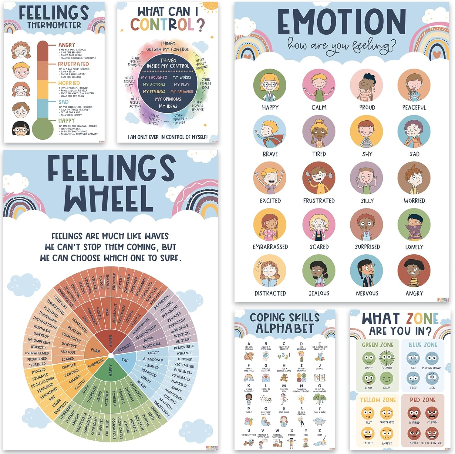 6 Boho Calming Corner Classroom Posters, Feelings Wheel Chart ...