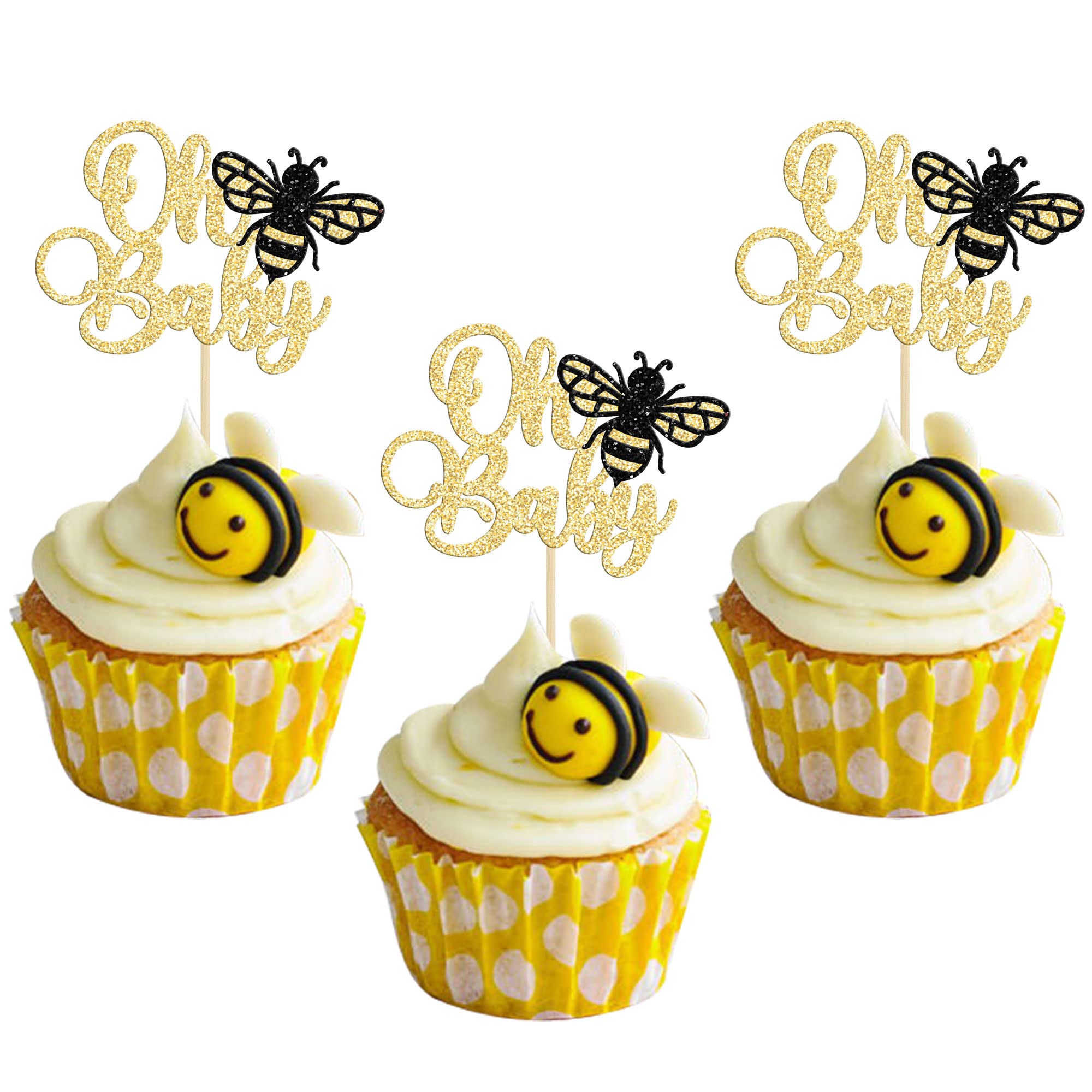 Amazon.com: Ephlyn 24Pcs Bumble Bee Cake Toppers, Gold Glitter Cupcake ...