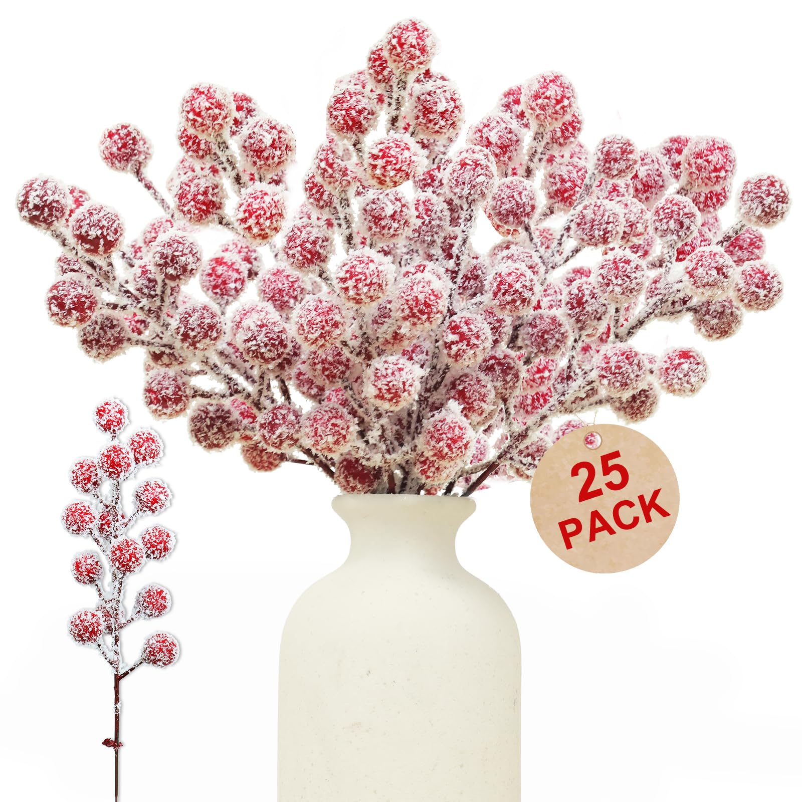 Amazon.com: 25 Pcs Frosted Red Berry Stems Holly Berry Picks Snowy ...