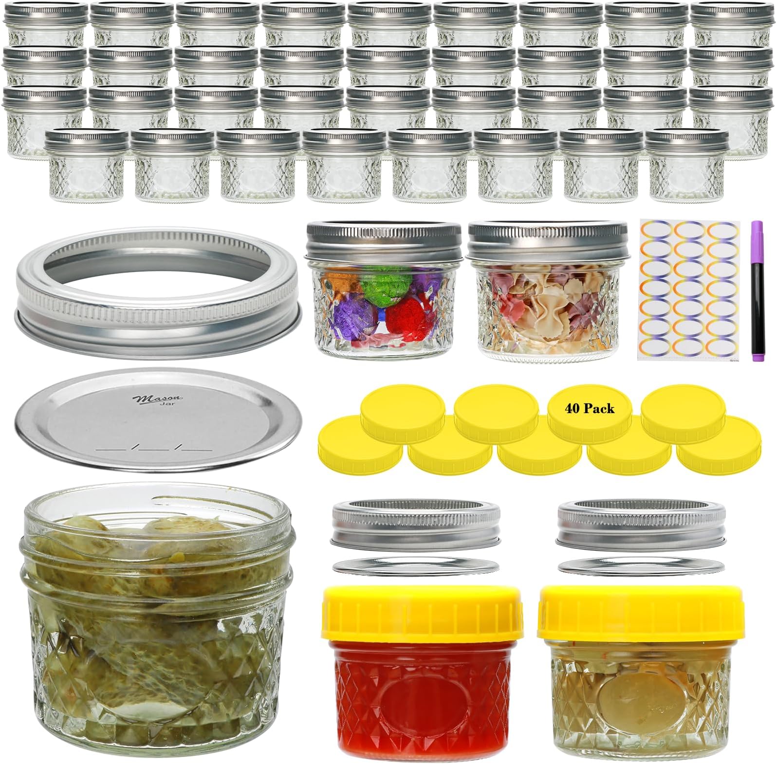 Amazon.com: Flrolove Mason Jars 4 OZ,40 Pack Canning Jars With Regular ...