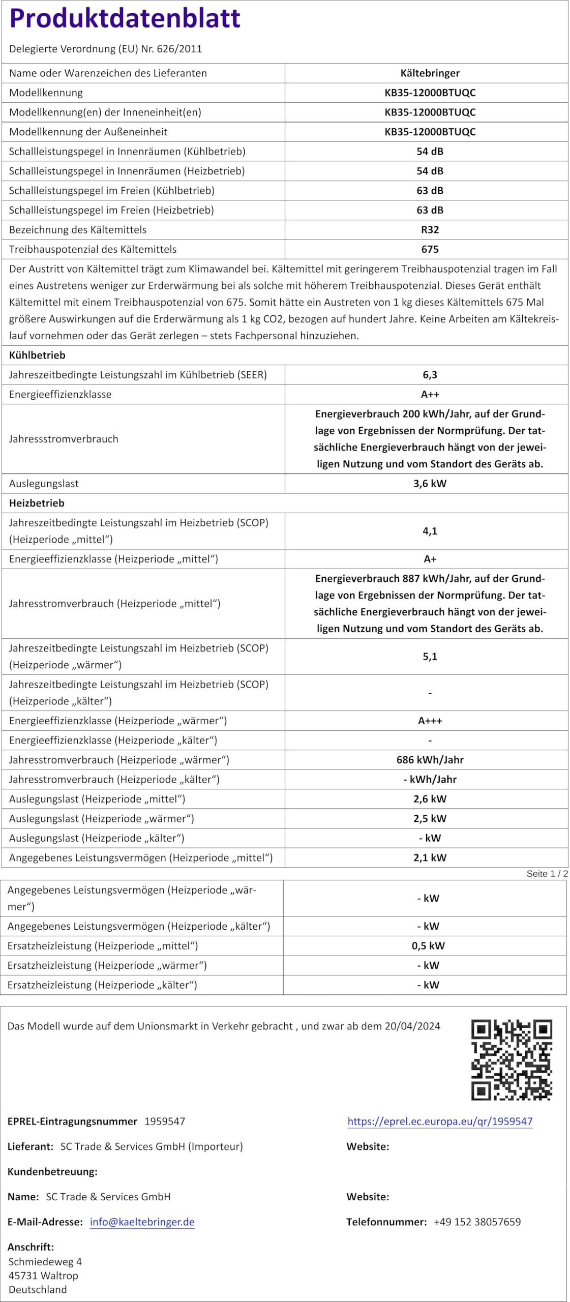 Kältebringer Split Klimaanlage Quick Connect 12000 BTU (3,5 kW)