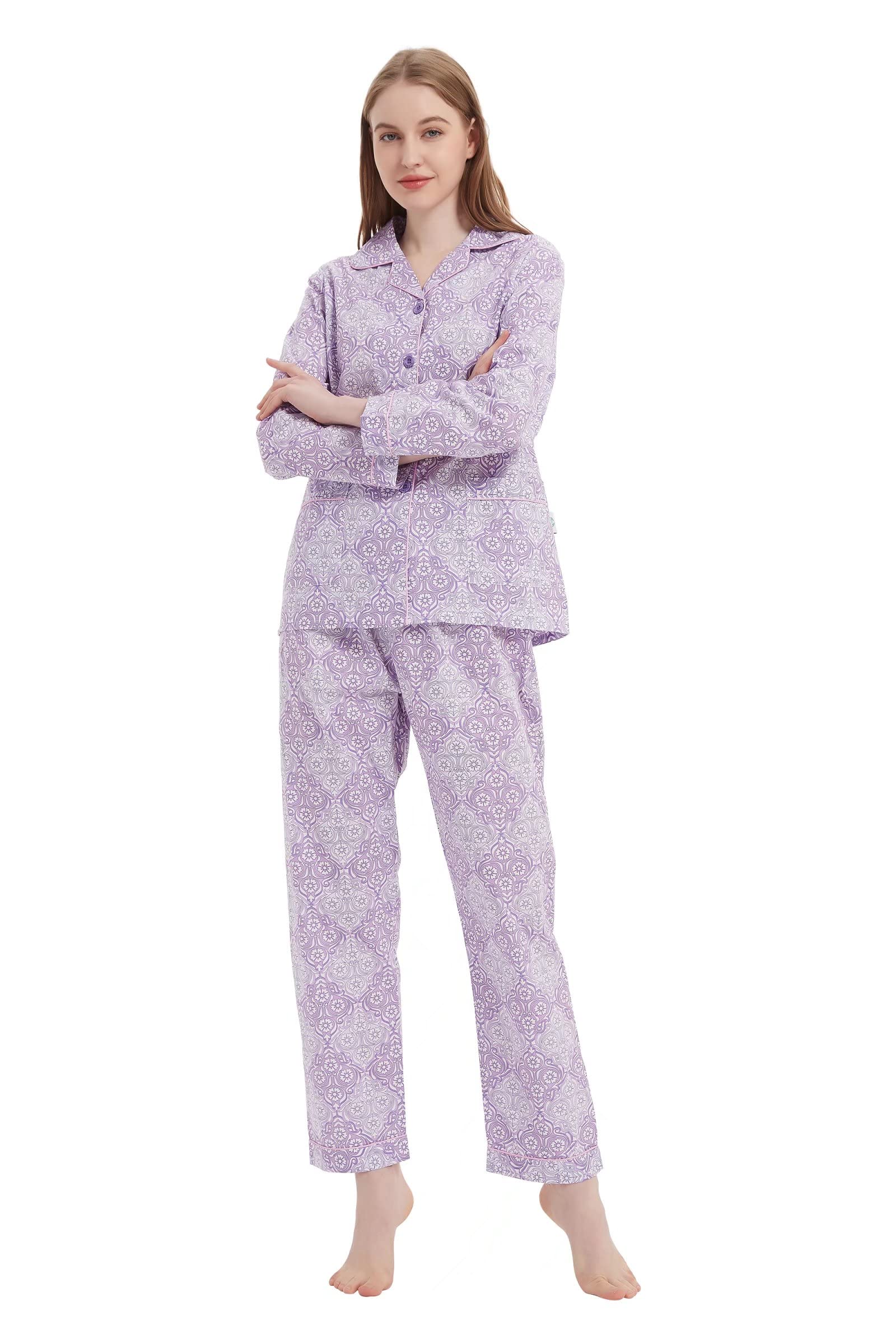 GLOBAL Womens 100% cotton pajamas set with long sleeve button down pjs ...