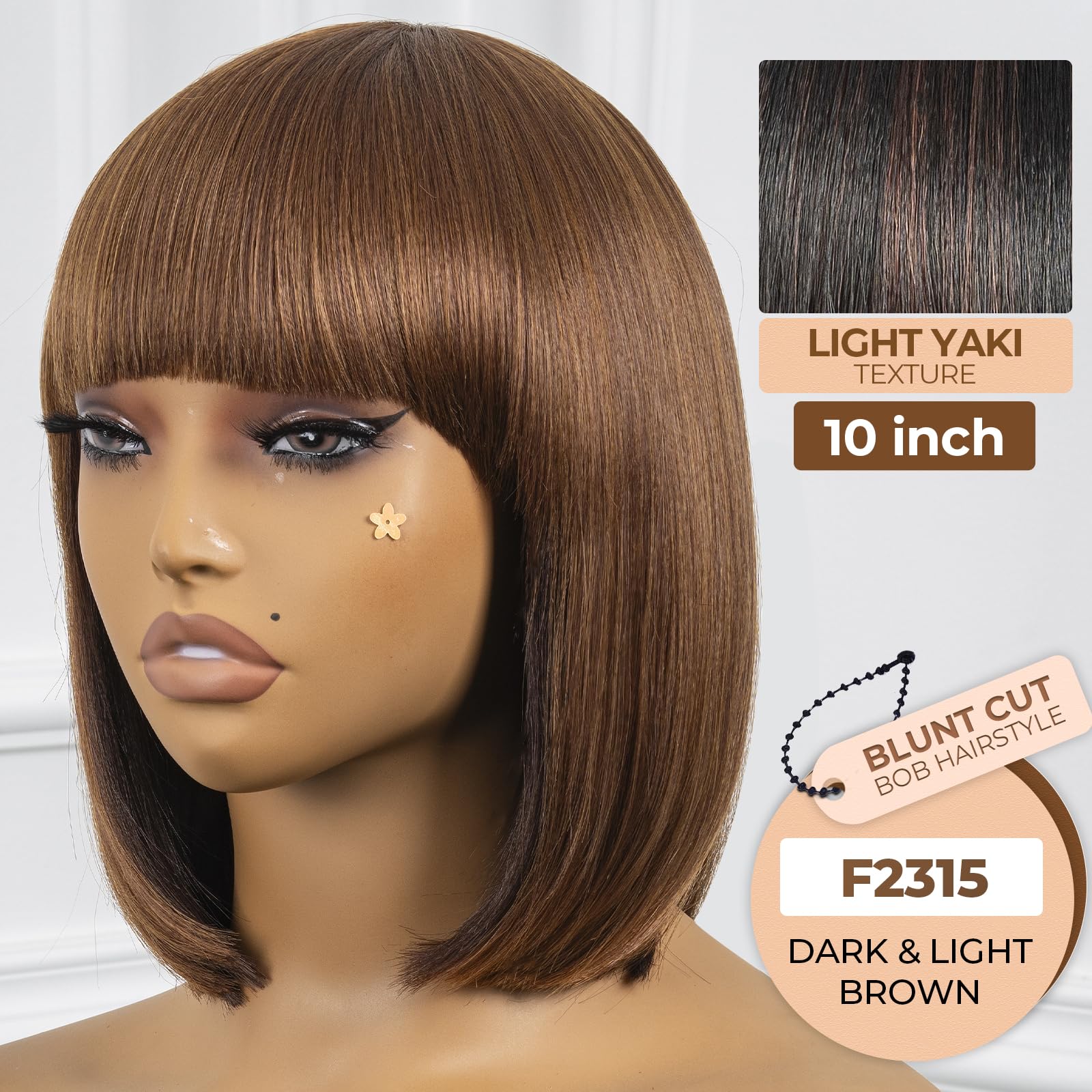 ToyoTress Brown Bob Wigs With Bangs - 10 Inch Short Light Yaki Straight ...