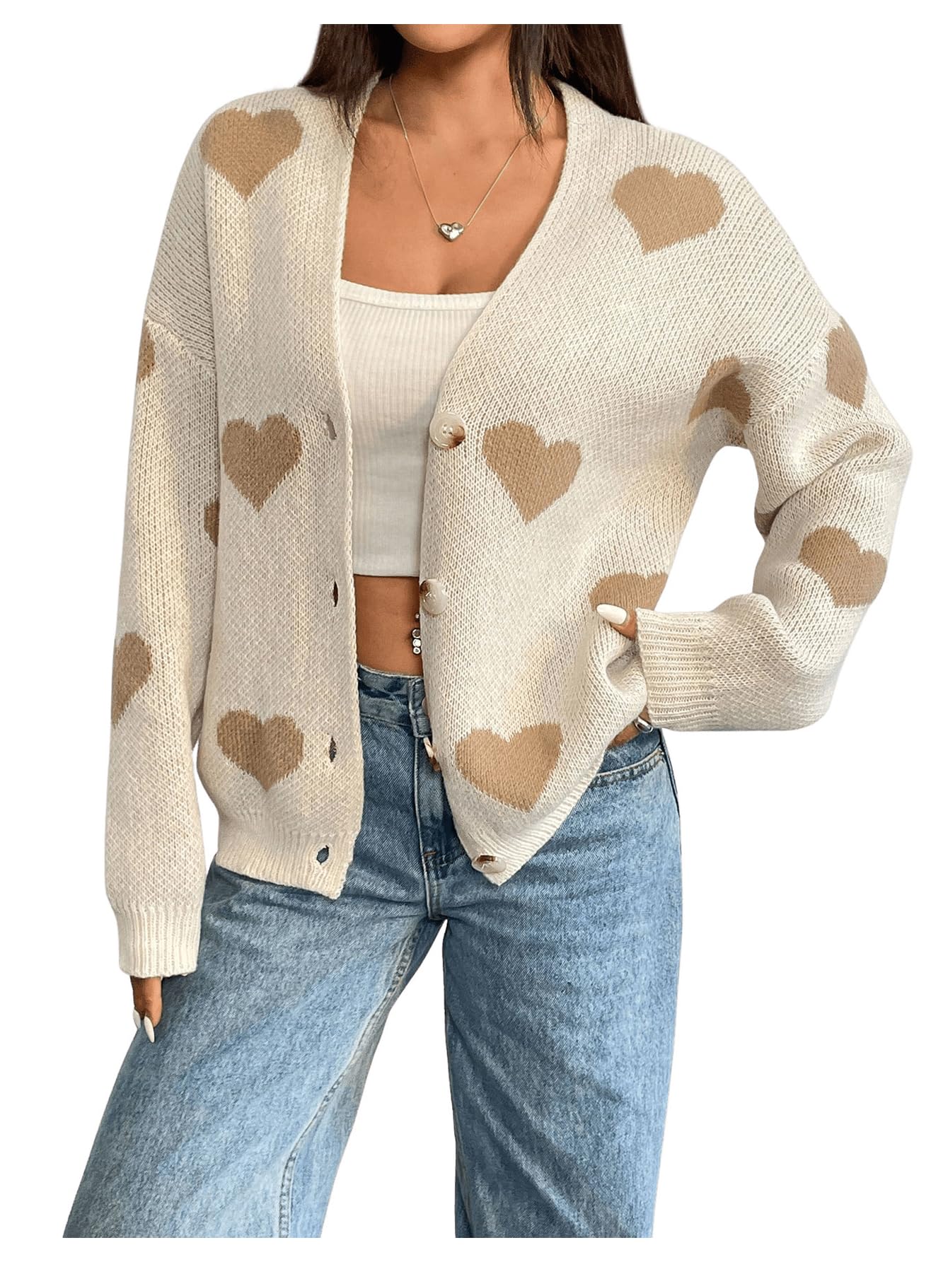 SHENHE Women's Button Down Cardigan Cute Heart Print V Neck Soft ...