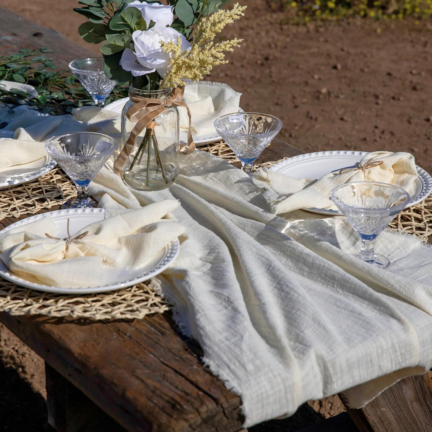 Amazon.com: Cheesecloth Table Runner with Set of 8 Napkins Boho ...
