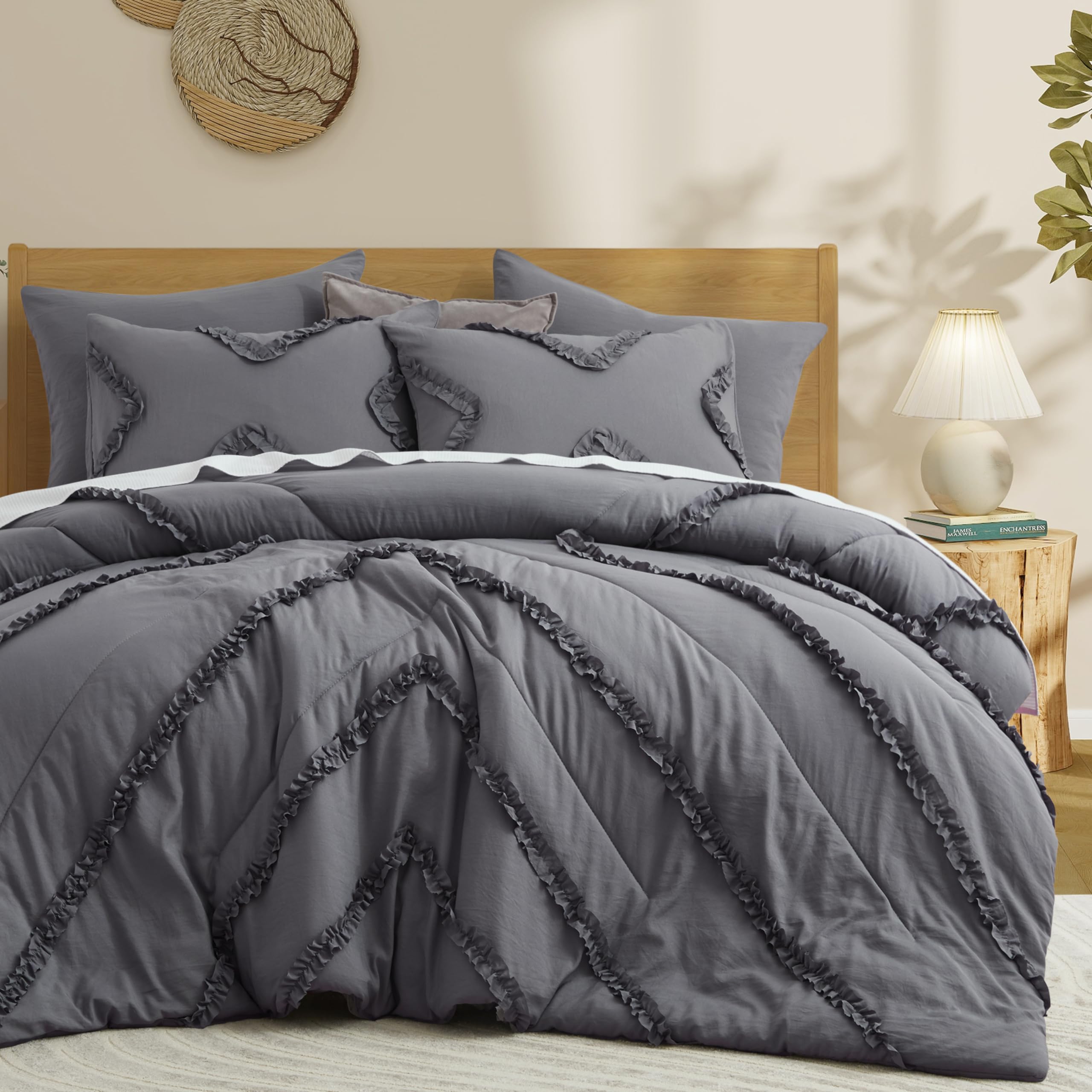 Amazon.com: BEDAZZLED Queen Comforter Set - Grey Ruffle Comforter 5PCS ...