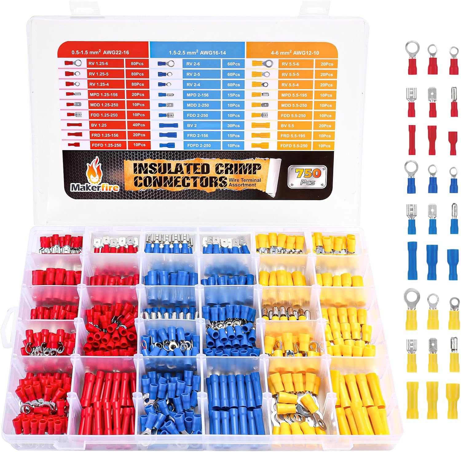 750Pcs Electrical Connectors Insulated Crimp Terminal Wiring Crimping Ring Spade Male Female ...