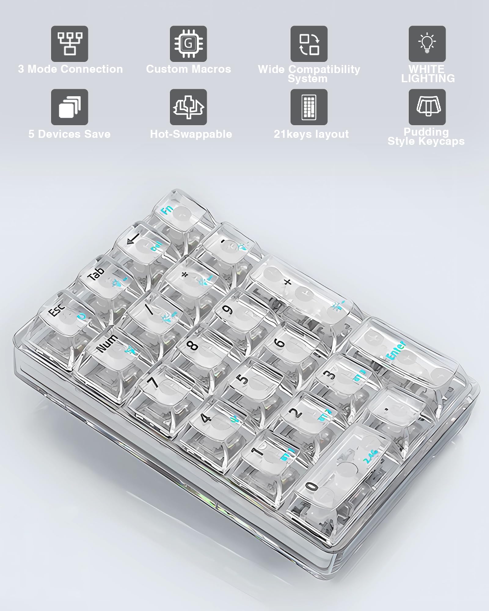 Snapklik.com : AULA 21 Key Tri-Mode Connect Number Pad, Transparent ...