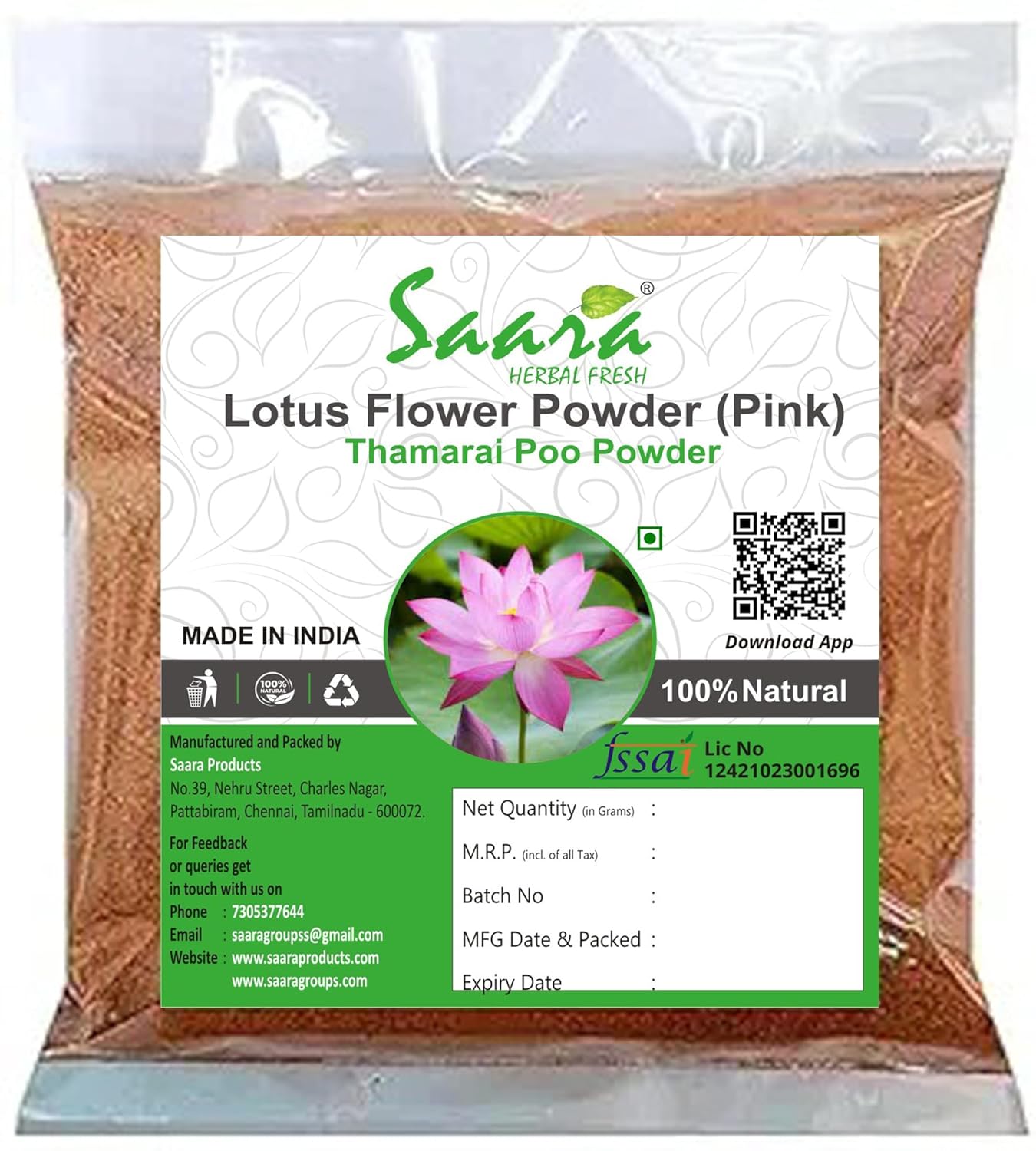Saara HERBAL FRESH Lotus Flower Powder (Pink) 100g, Thamarai Poo, Kamal ...