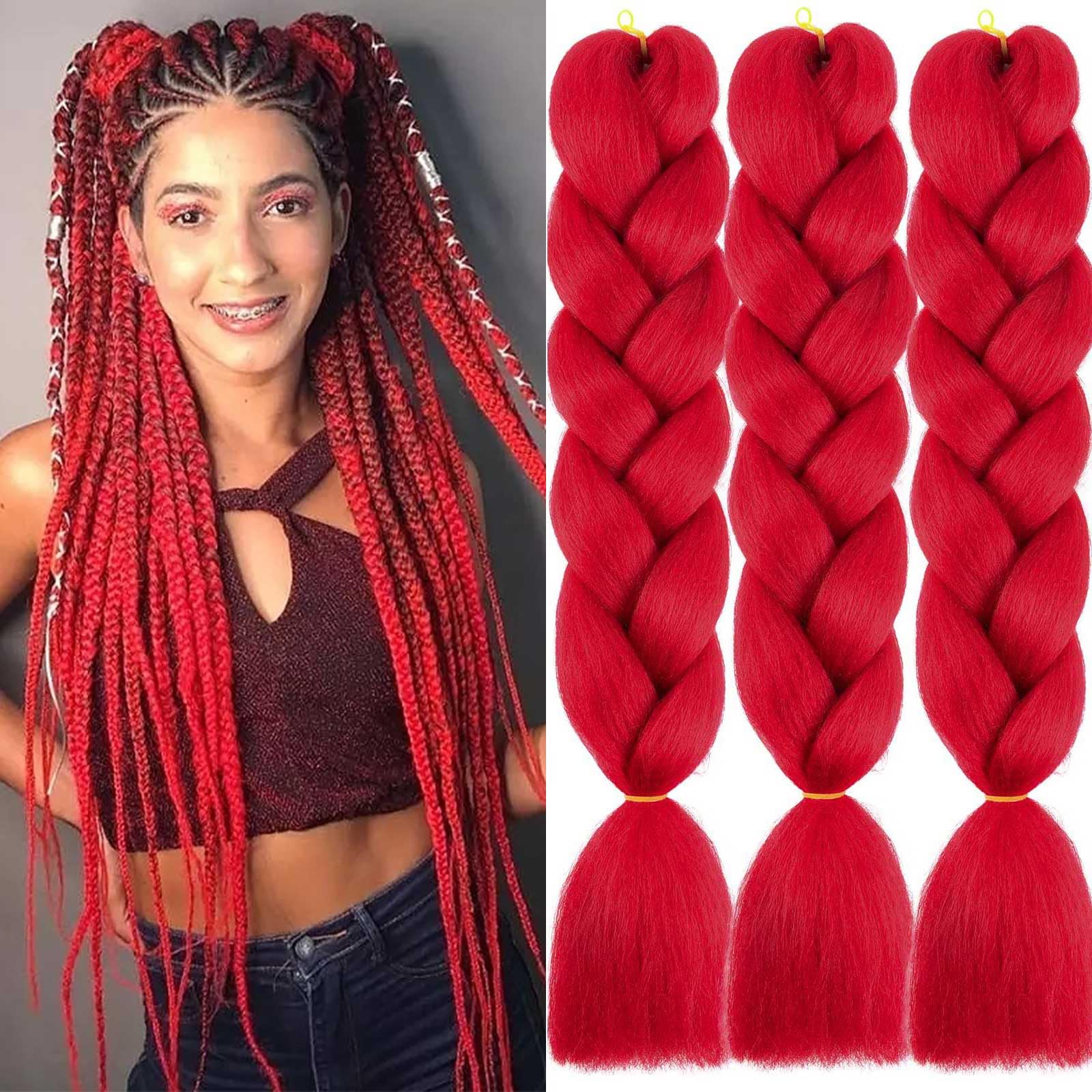 Xtrend 3 Packs 24 Inch Red Jumbo Braiding Hair Extensions for Women ...