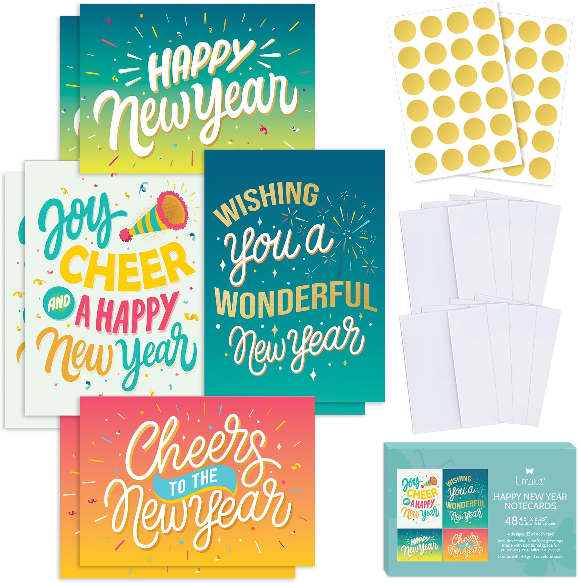 Amazon.com : T MARIE 24 Funny Happy New Year Cards Set With Colorful ...