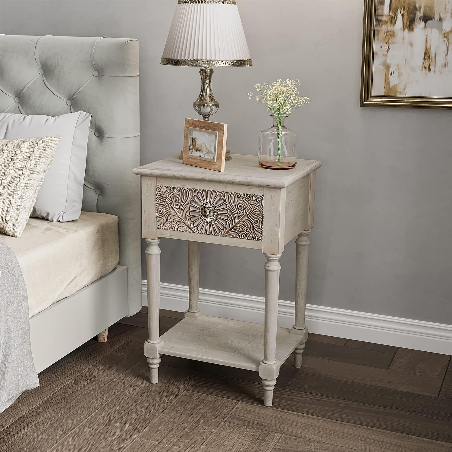 Amazon.com: Carved Wood Shabby Top White Side Night End Table Chic ...