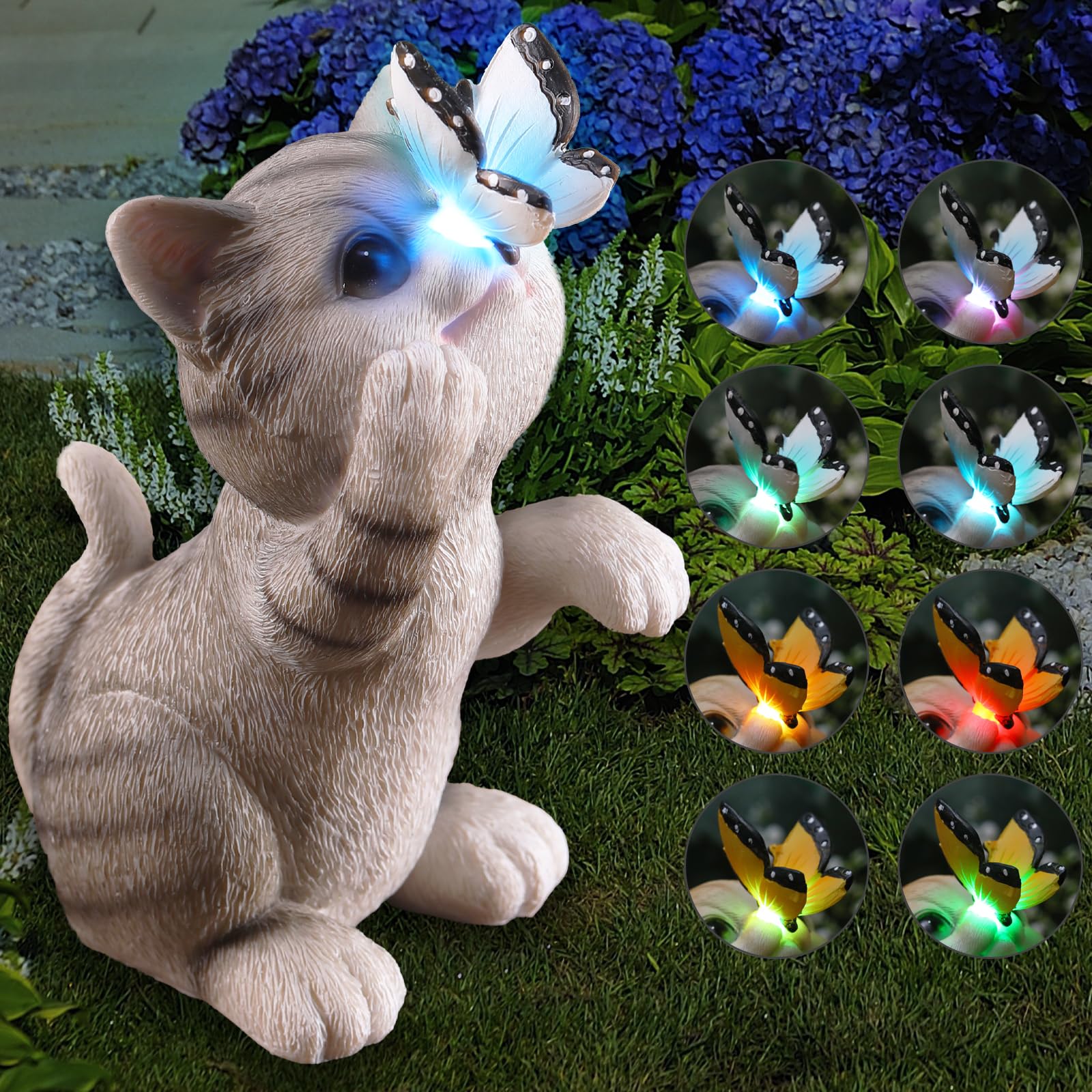halp·ssfm Cat Garden Statue Outdoor Solar Decorations Butterfly Light ...