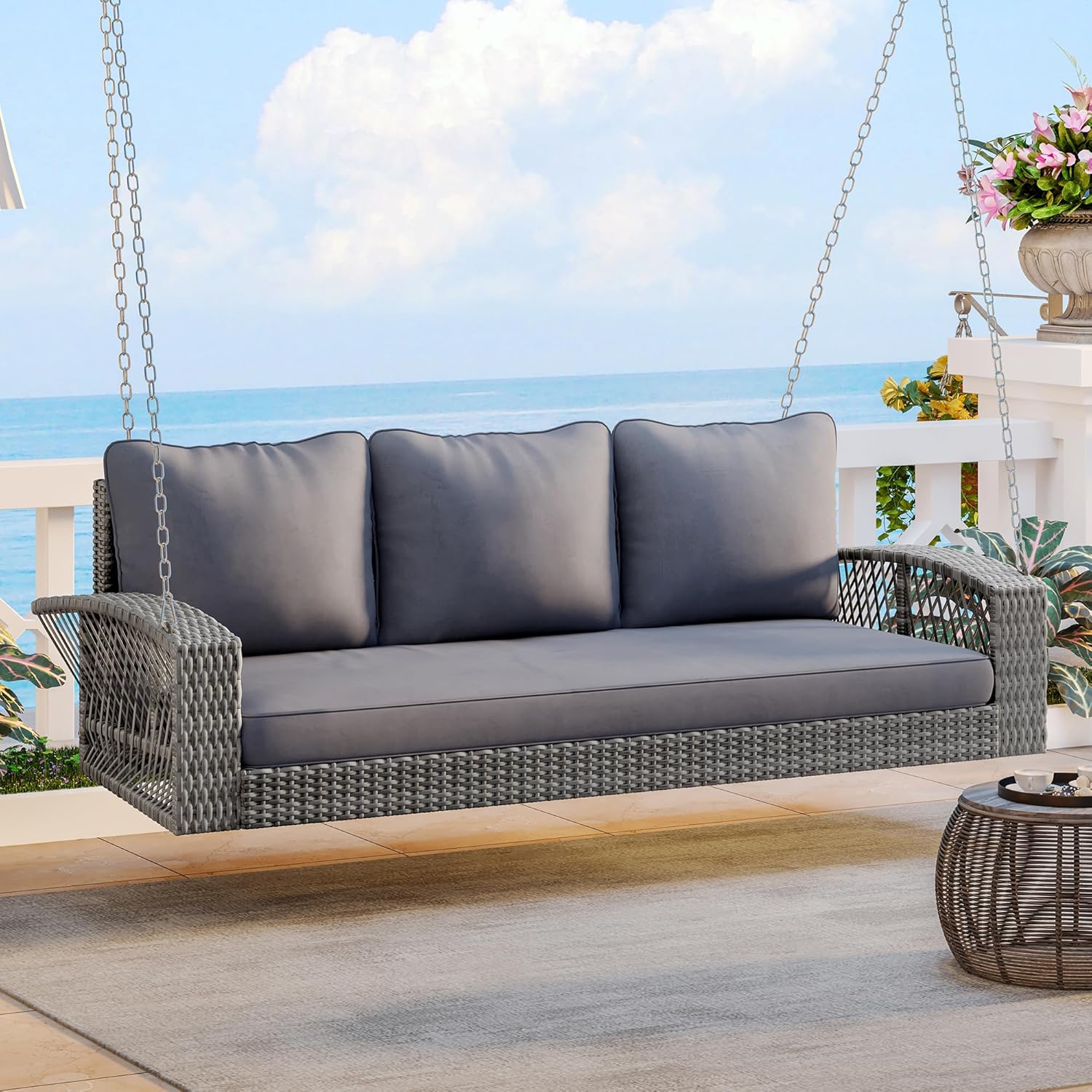 Amazon.com: JYH 69" PE Wicker Outdoor Hanging Sofa with Chains - 3 ...