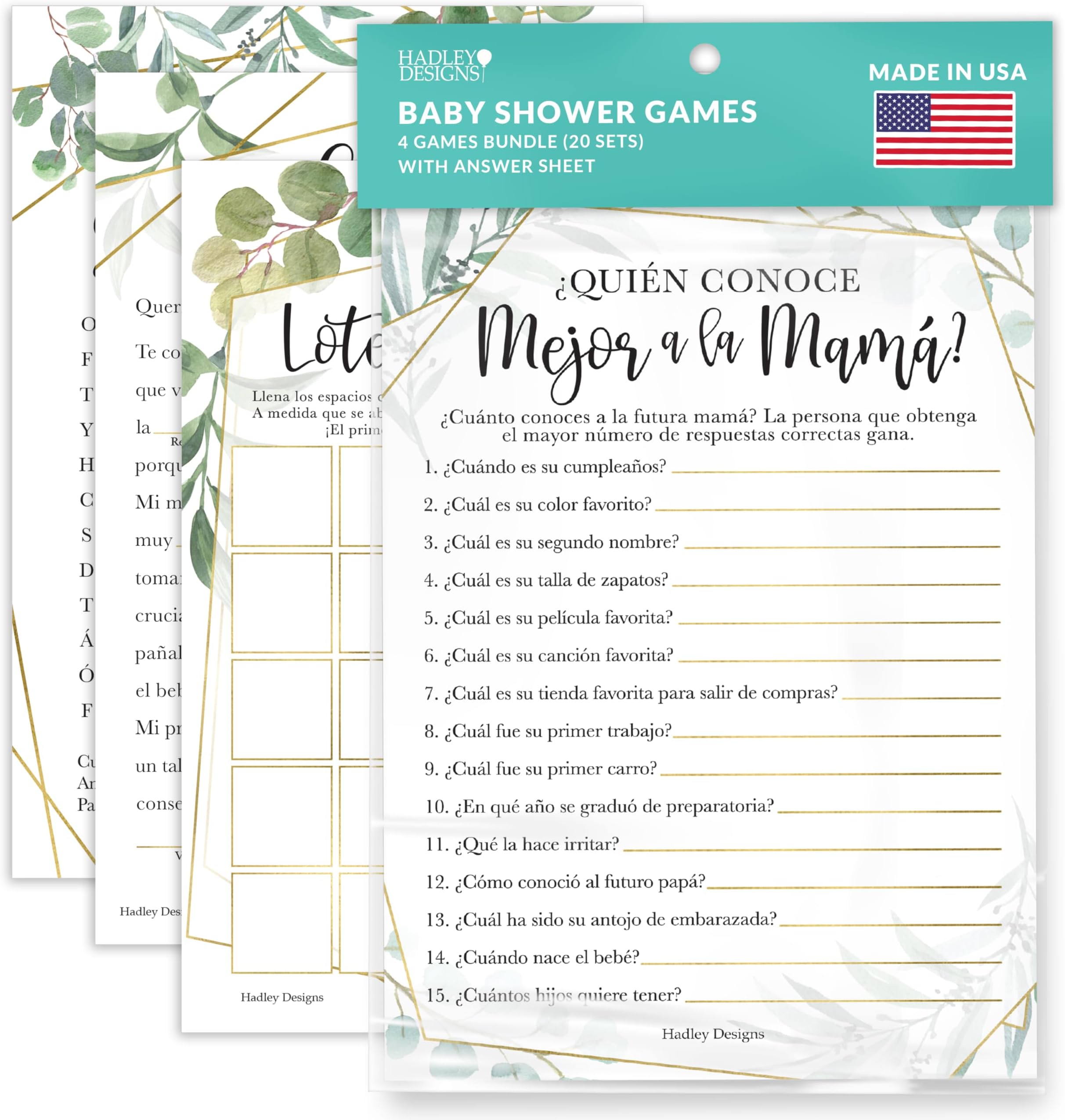 Amazon.com: Hadley Designs 20 Greenery Juegos para Baby Shower En ...